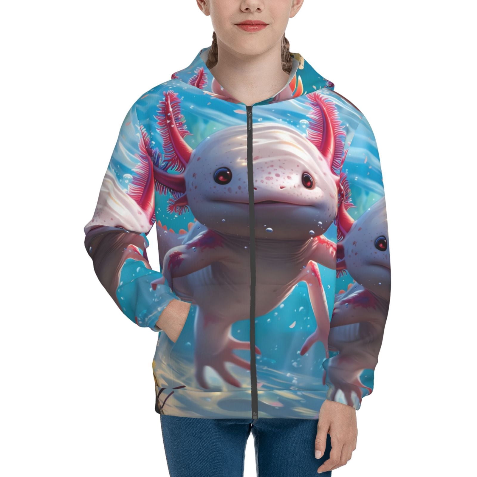 JUNZAN Cute Underwater Axolotl Print Kids Zip Up Hoodies Long Sleeve ...