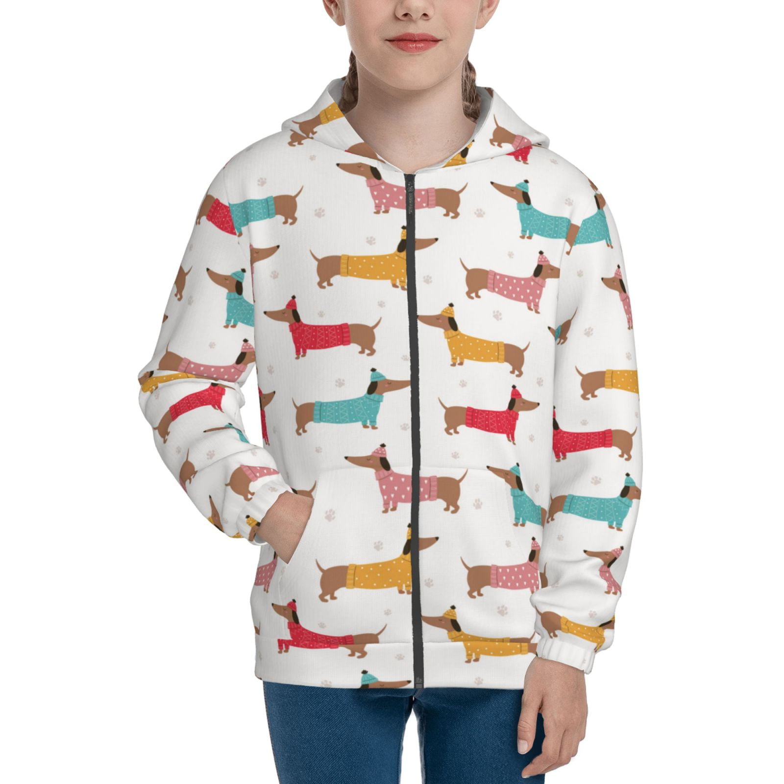 JUNZAN Dachshund Dog Puppy Print Kids Zip Up Hoodies Long Sleeve for Boys or Girls Casual ...