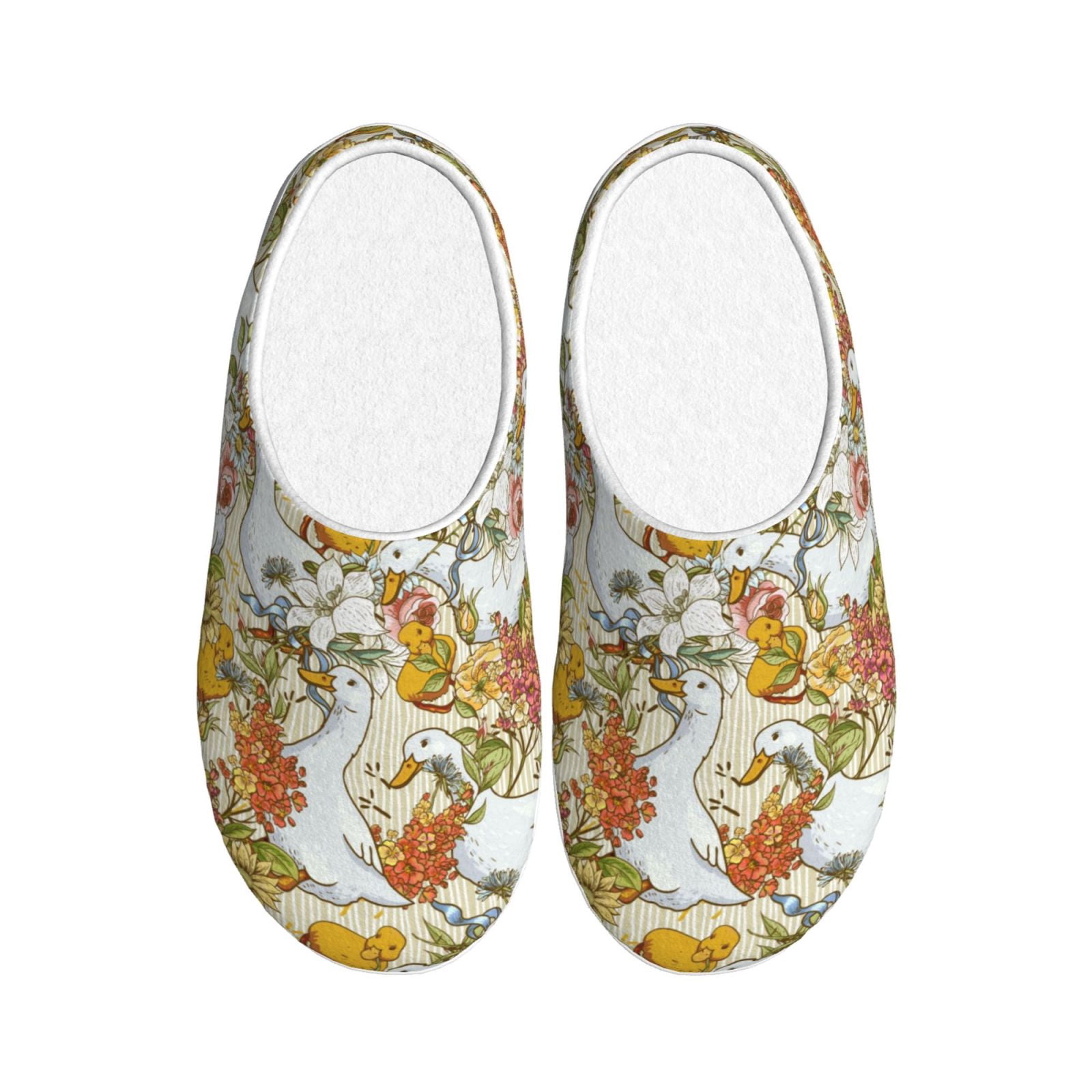 JUNZAN Ducks and Flowers Print Cozy Slippers for Men& Women,Fuzzy Slip ...