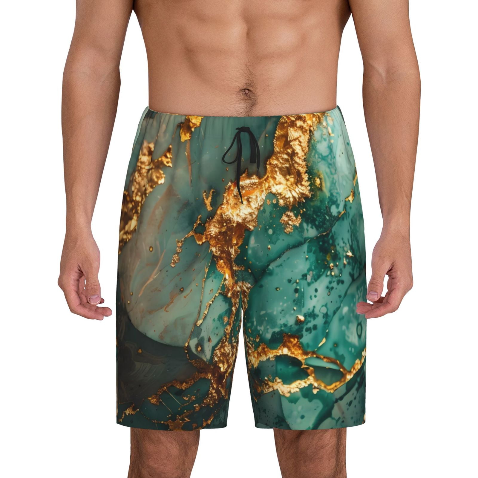 JUNZAN Emerald Color Gold Marble Pattern Sleep Pajama Shorts for Men ...