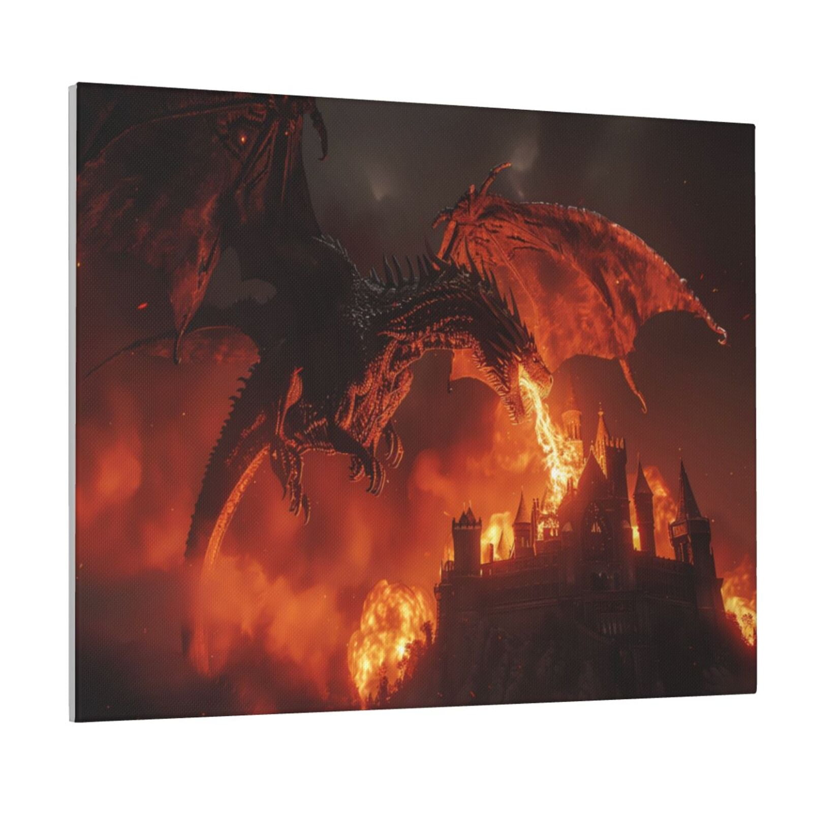 JUNZAN Fiery Dragons Castle Attack Pattern Canvas Art Wall Decor,Canvas ...