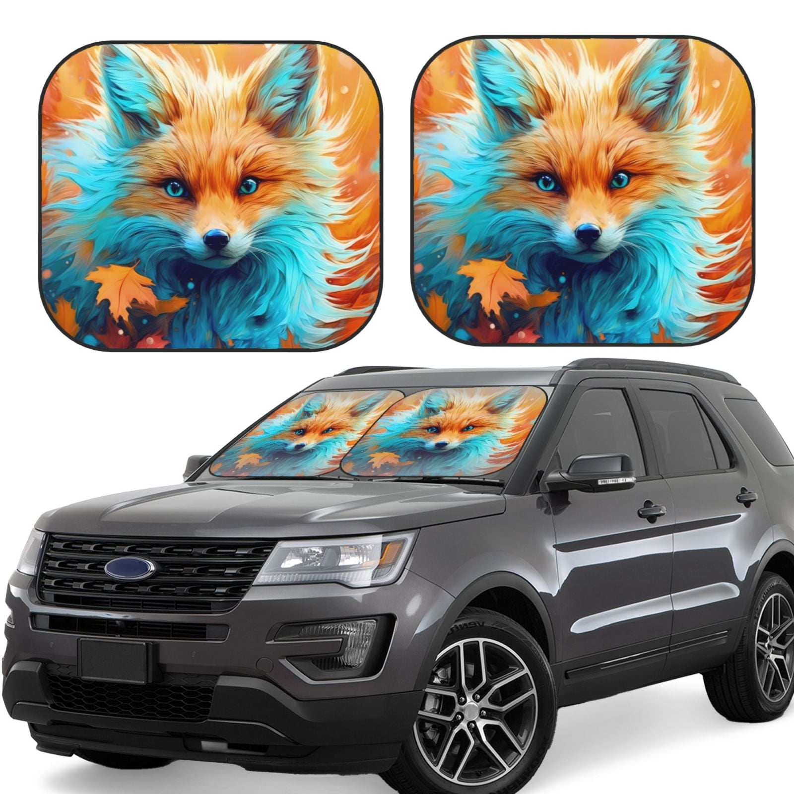 JUNZAN Fiery Red Maple Leaf Fox Pattern Car Windshield Sun Shade ...