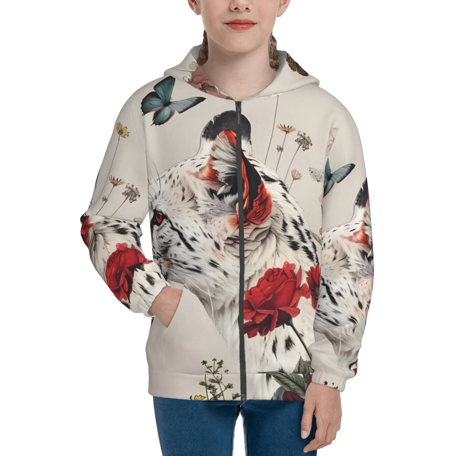 JUNZAN Floral Leopard Butterflies Print Kids Zip Up Hoodies Long Sleeve for Boys or Girls Casual ...
