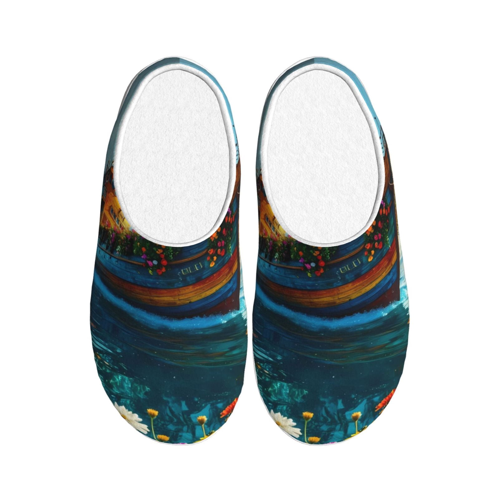JUNZAN Floral Ship On Ocean Print Cozy Slippers for Men& Women,Fuzzy ...