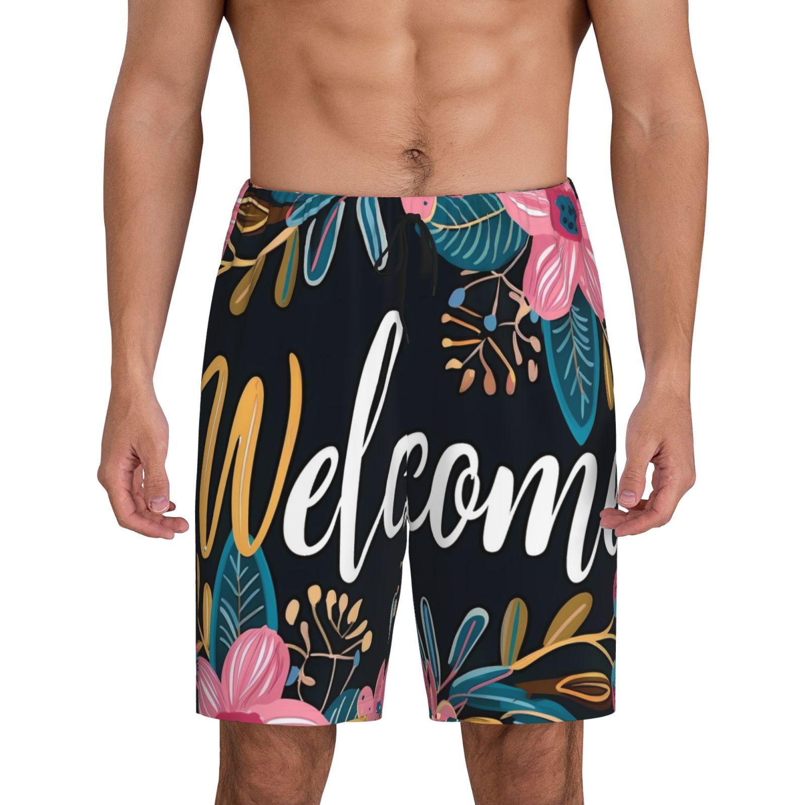 JUNZAN Floral Welcome Sign Pattern Sleep Pajama Shorts for Men,Men's ...