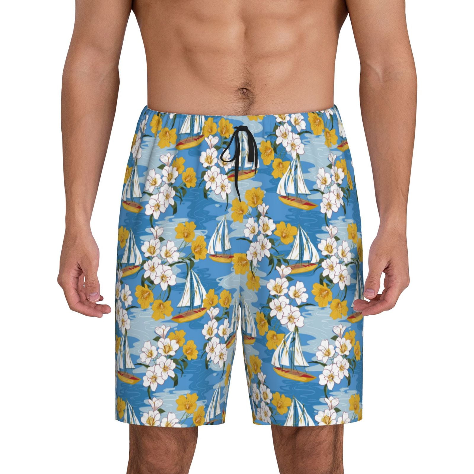 JUNZAN Flower and Sail Boat Pattern Sleep Pajama Shorts for Men,Men's ...