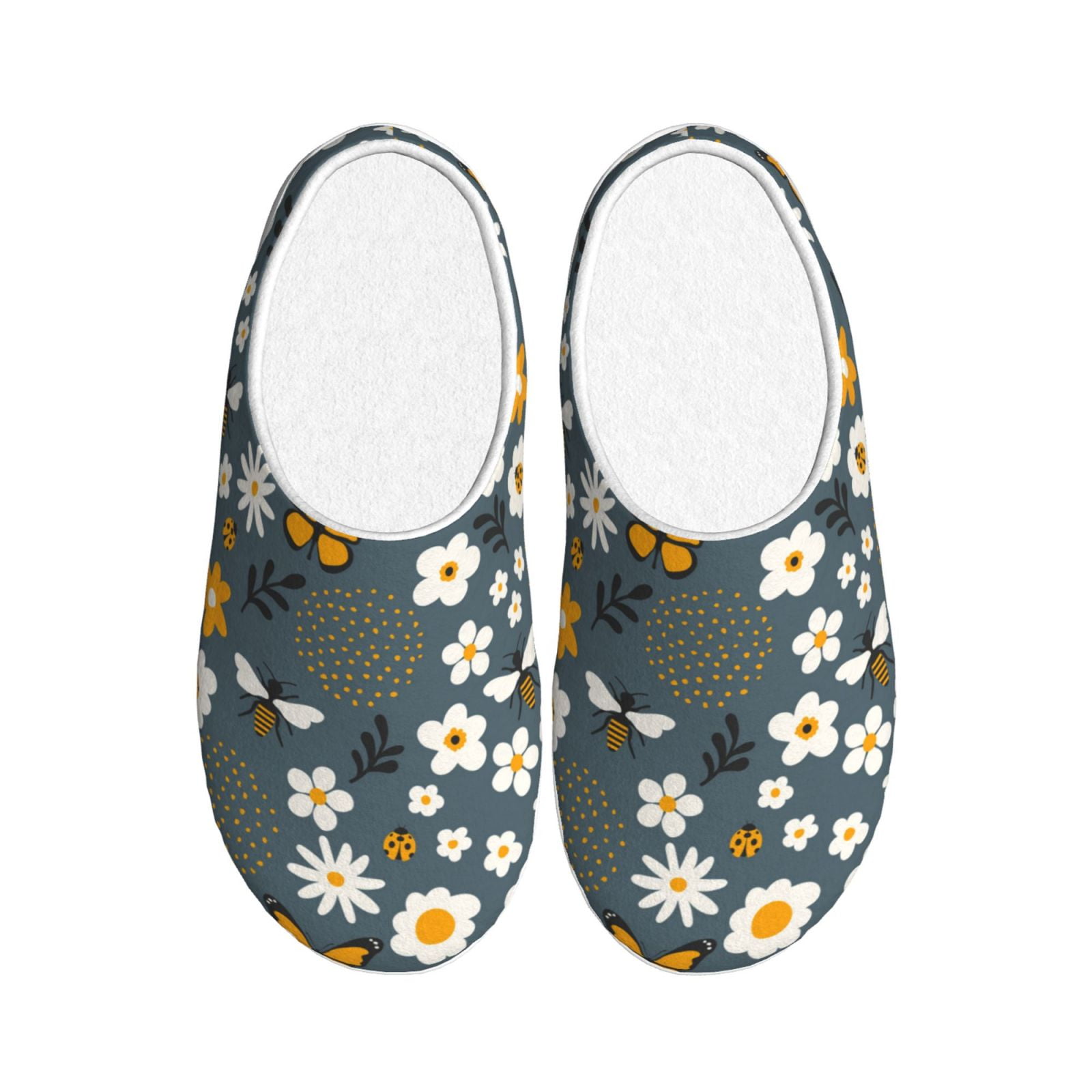 JUNZAN Flowers and Bee Print Cozy Slippers for Men& Women,Fuzzy Slip-on ...