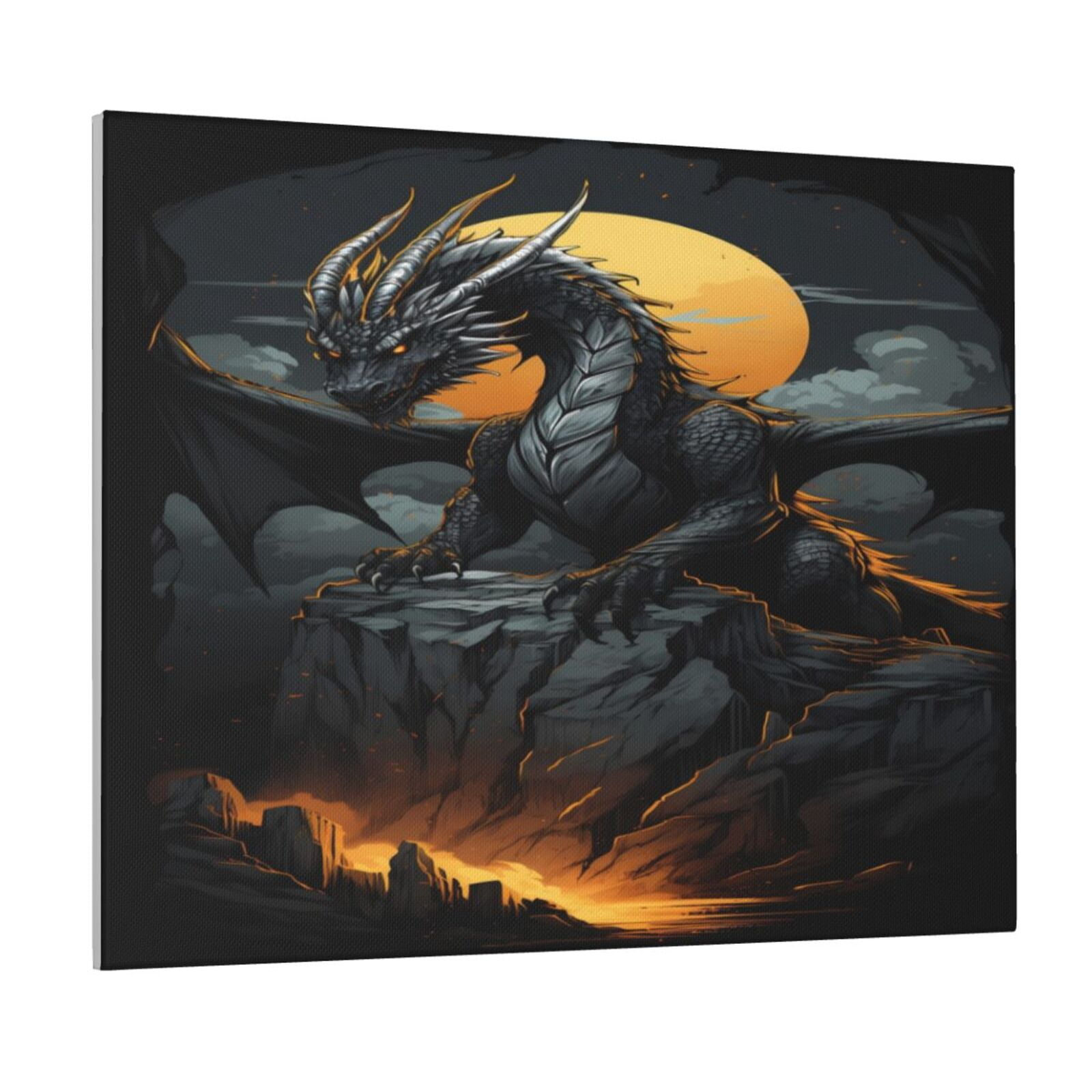 JUNZAN Full Moon Black Dragon Pattern Canvas Art Wall Decor,Canvas Wall ...