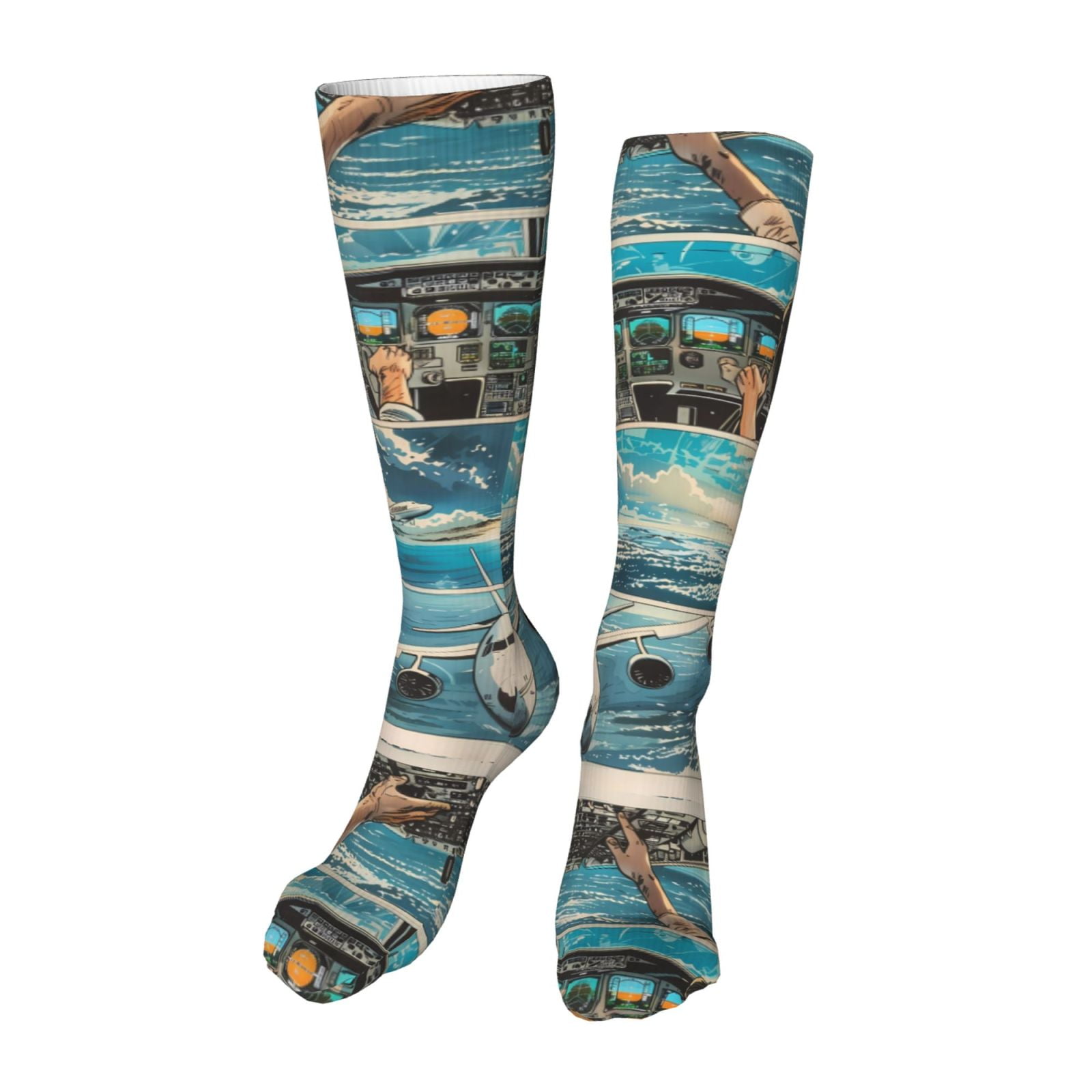 JUNZAN Fun Novelty Knee Warmer High Socks Comic Airplane Cockpit ...