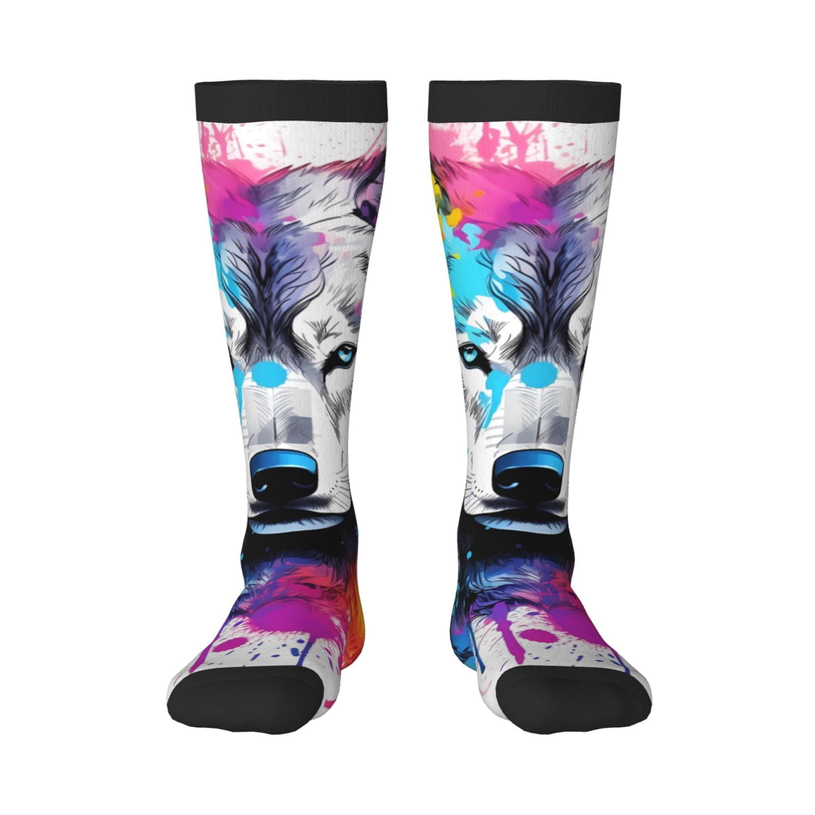 JUNZAN Fun Novelty Knee Warmer High Socks Cool Colorful Wolf Design ...