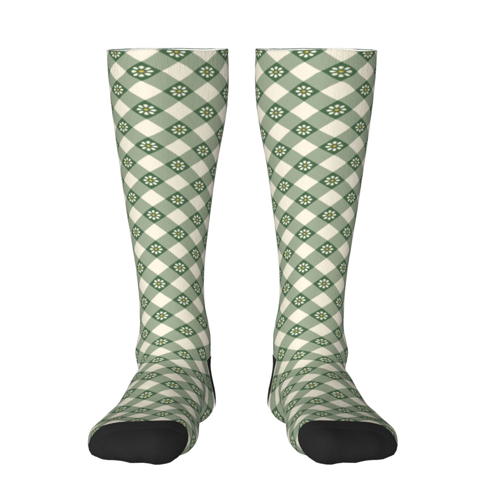 JUNZAN Fun Novelty Knee Warmer High Socks Daisy Plaid Green Design ...