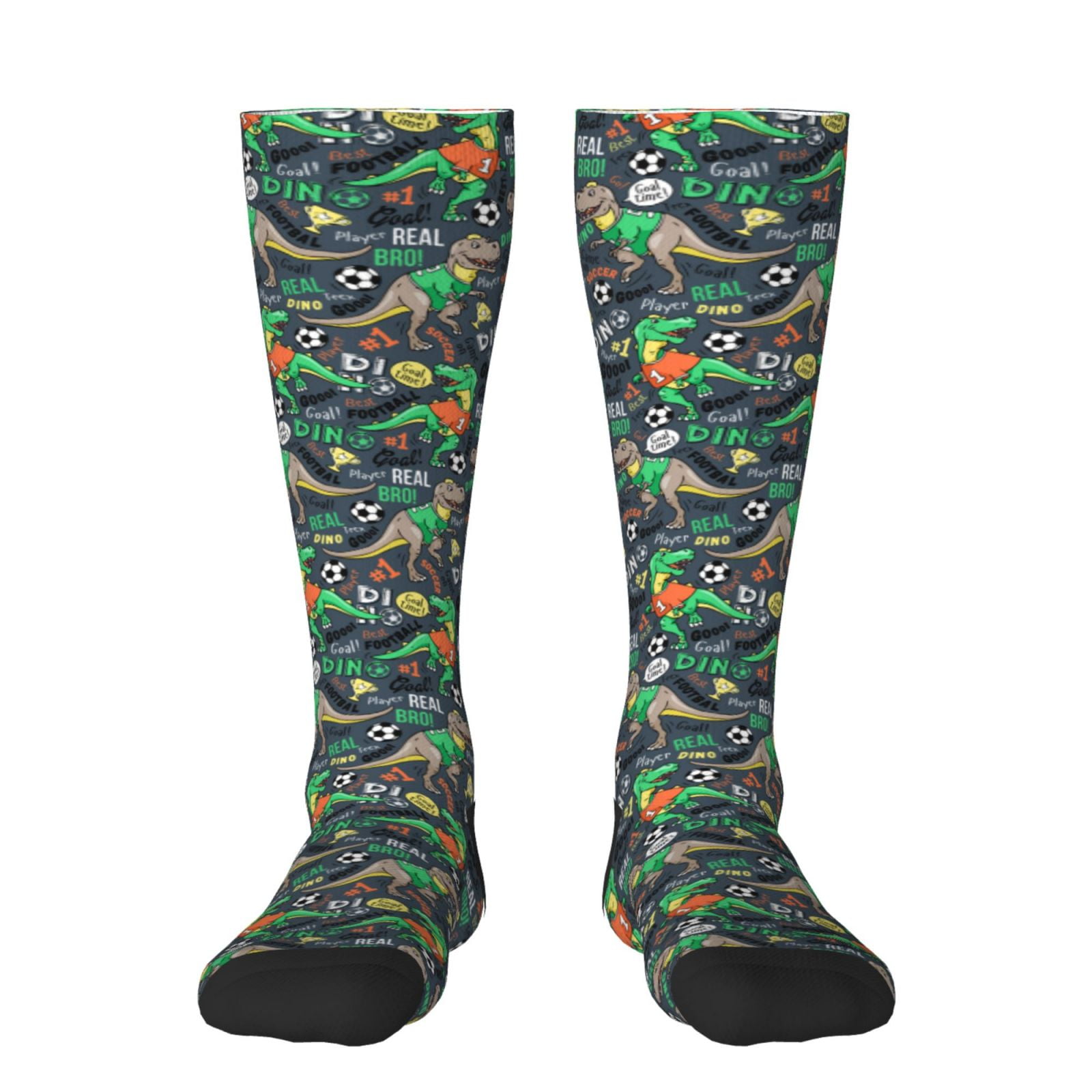 JUNZAN Fun Novelty Knee Warmer High Socks Dinosaur Plays Soccer Design ...