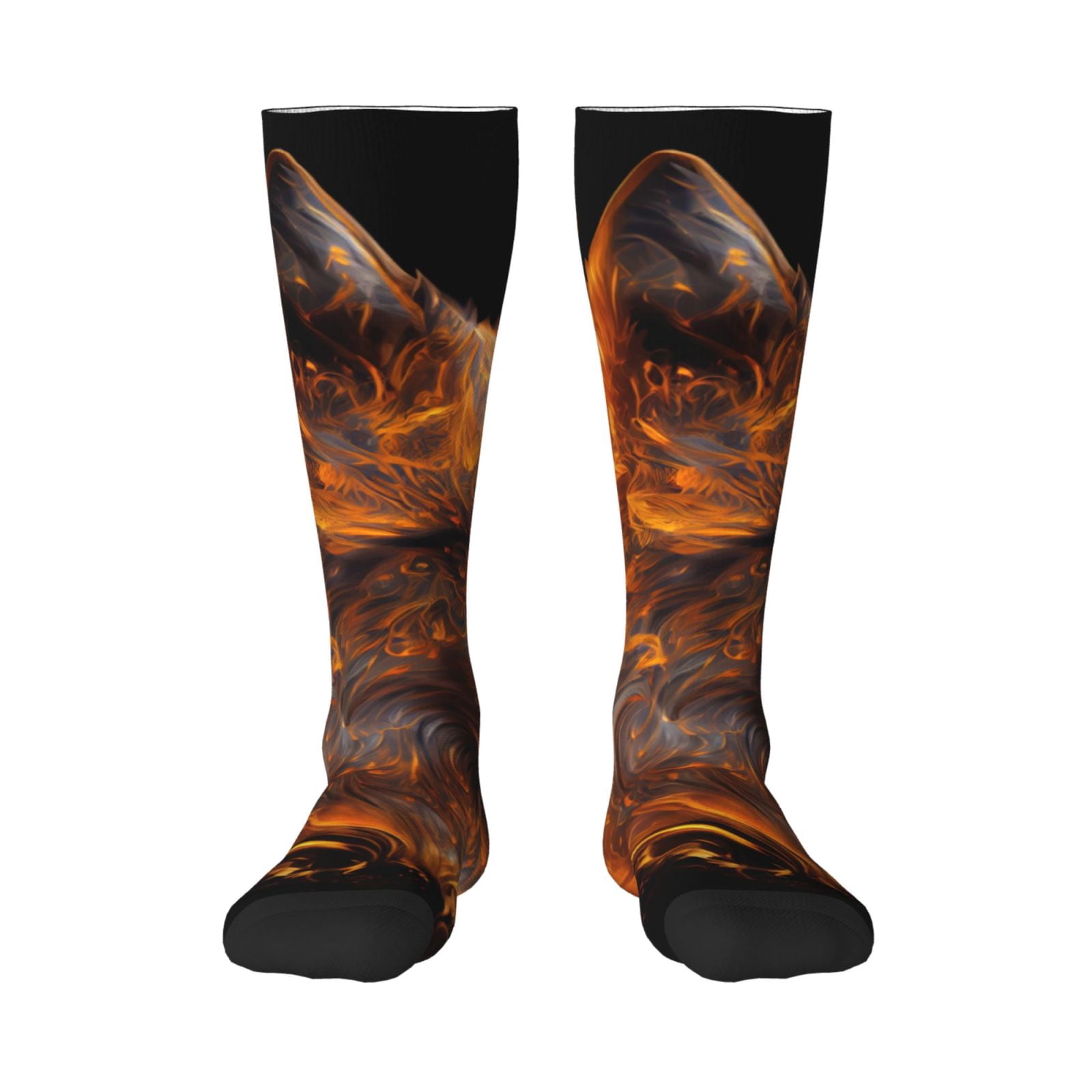 JUNZAN Fun Novelty Knee Warmer High Socks Gold Flame Pattern Wolf ...