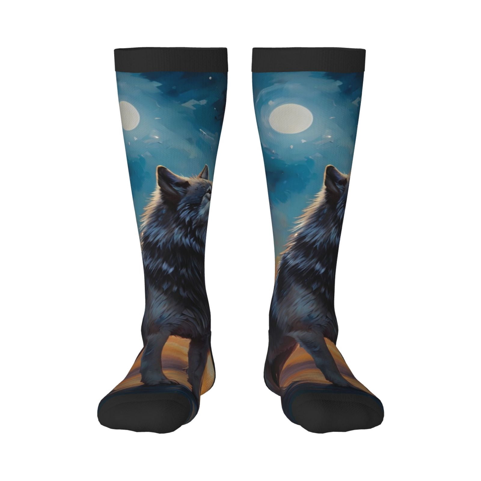 JUNZAN Fun Novelty Knee Warmer High Socks Moonlit Night Sky Wolf Design ...