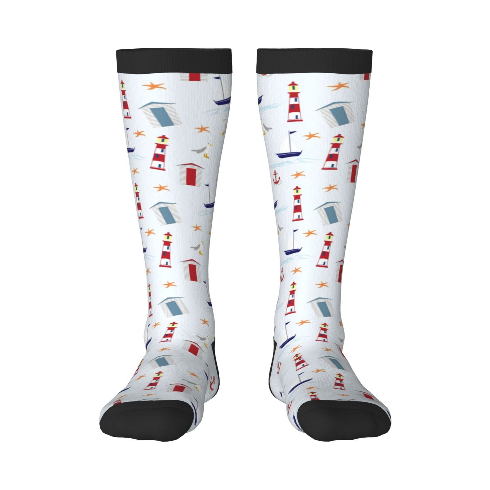 JUNZAN Fun Novelty Knee Warmer High Socks-Nautical Lighthouse Sailboat ...