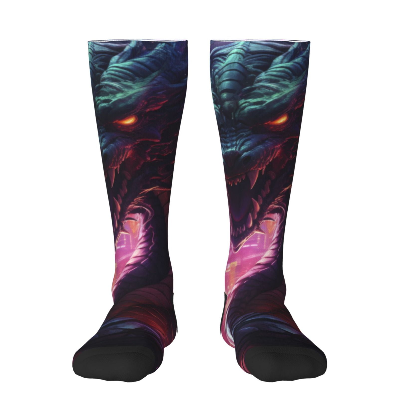 JUNZAN Fun Novelty Knee Warmer High Socks Neon Futuristic Dragon Design ...