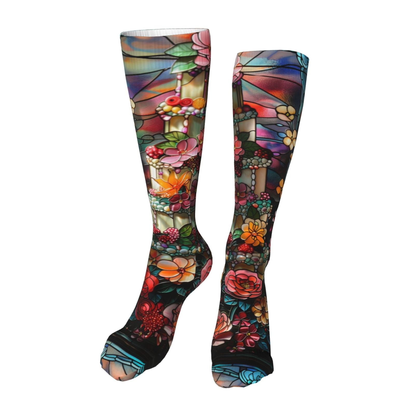 JUNZAN Fun Novelty Knee Warmer High Socks Stained Glass Floral Cake ...