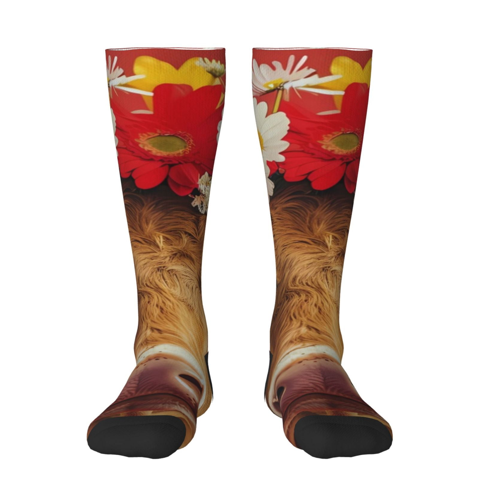 JUNZAN Fun Novelty Knee Warmer High Socks White And Red Daisy Cow ...