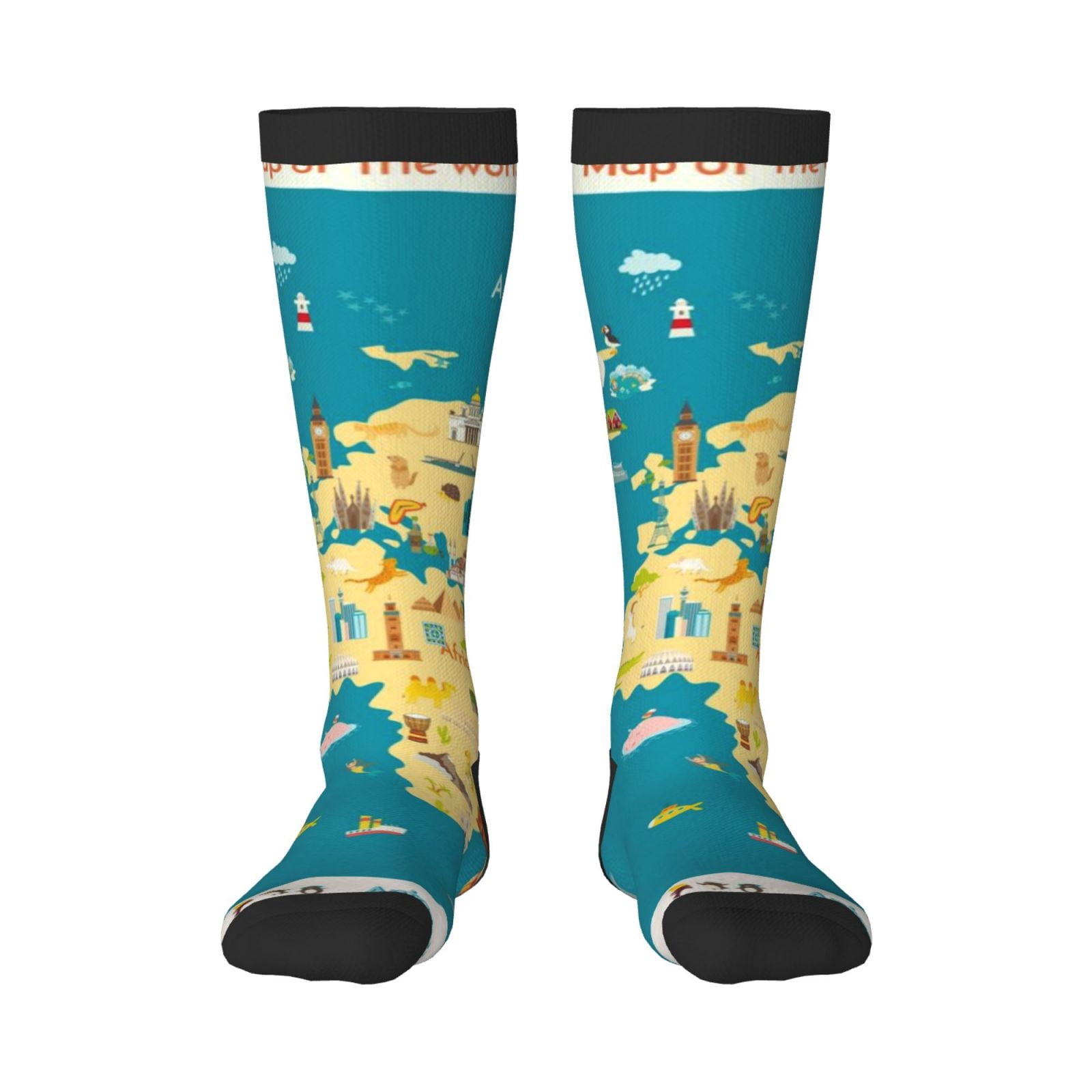 JUNZAN Fun Novelty Knee Warmer High Socks-World Map With Landmarks ...
