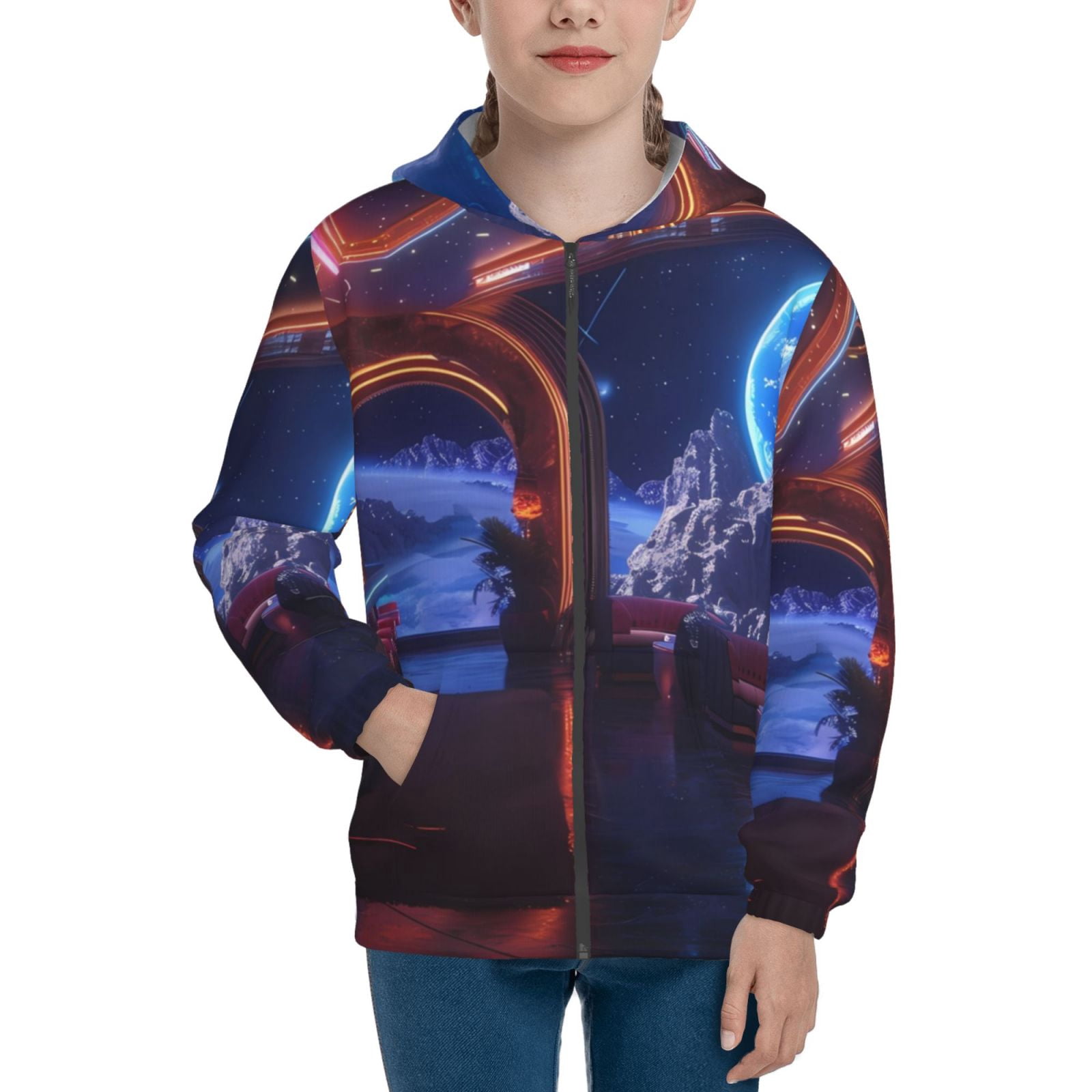JUNZAN Futuristic Bar Space View Print Kids Zip Up Hoodies Long Sleeve ...