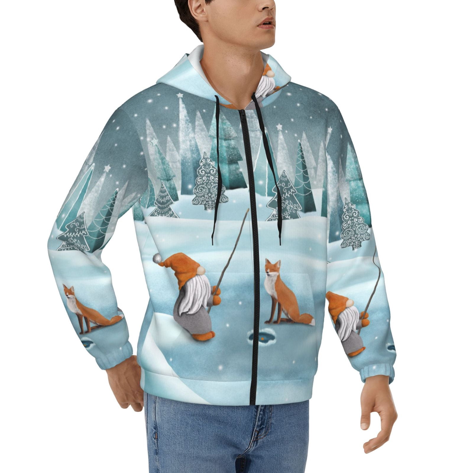 JUNZAN Gnome And Red Fox Fishing Print Men's Zip Up Hoodie Athletic ...