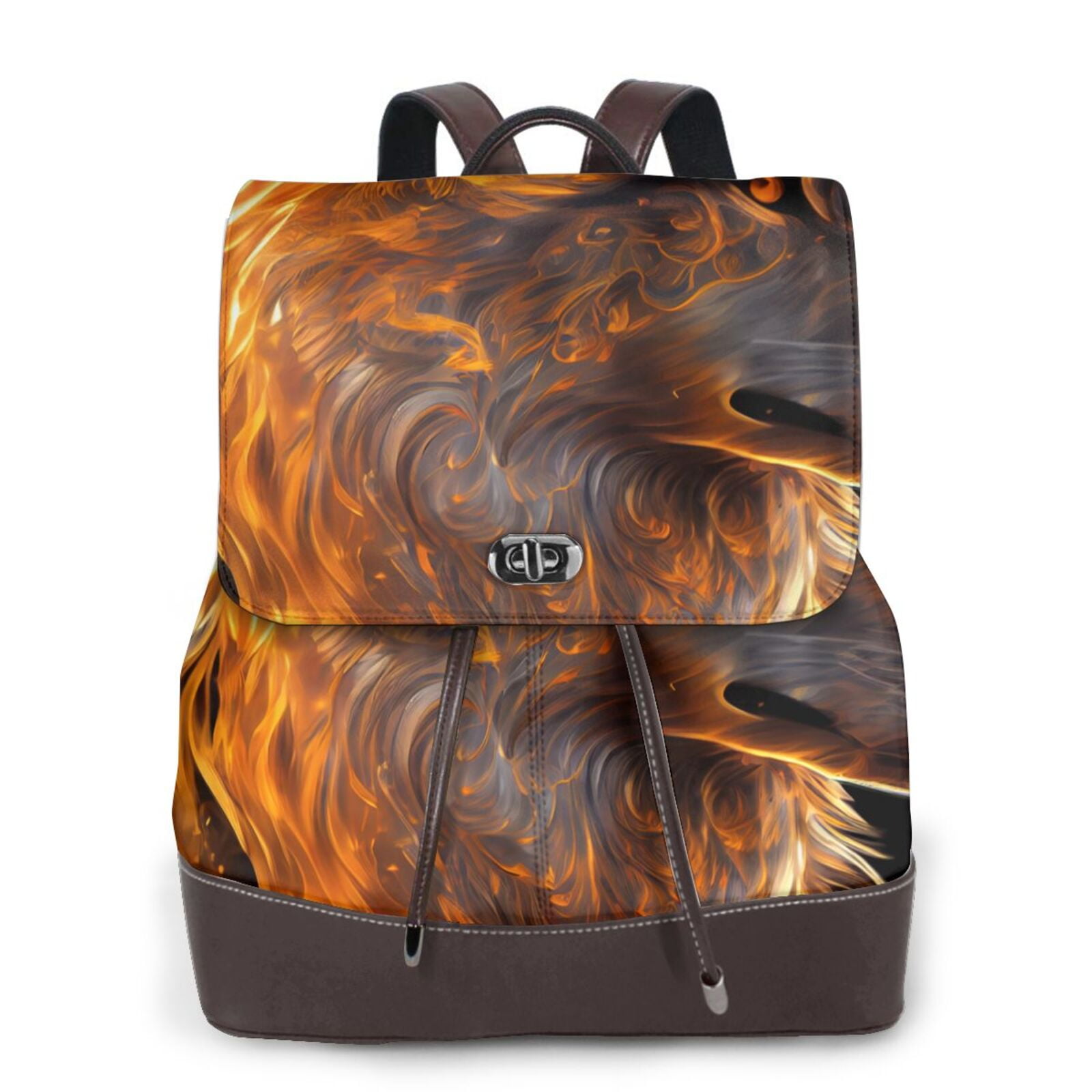 JUNZAN Gold Flame Pattern Wolf for PU Leather Backpack,Laptop Backpack ...
