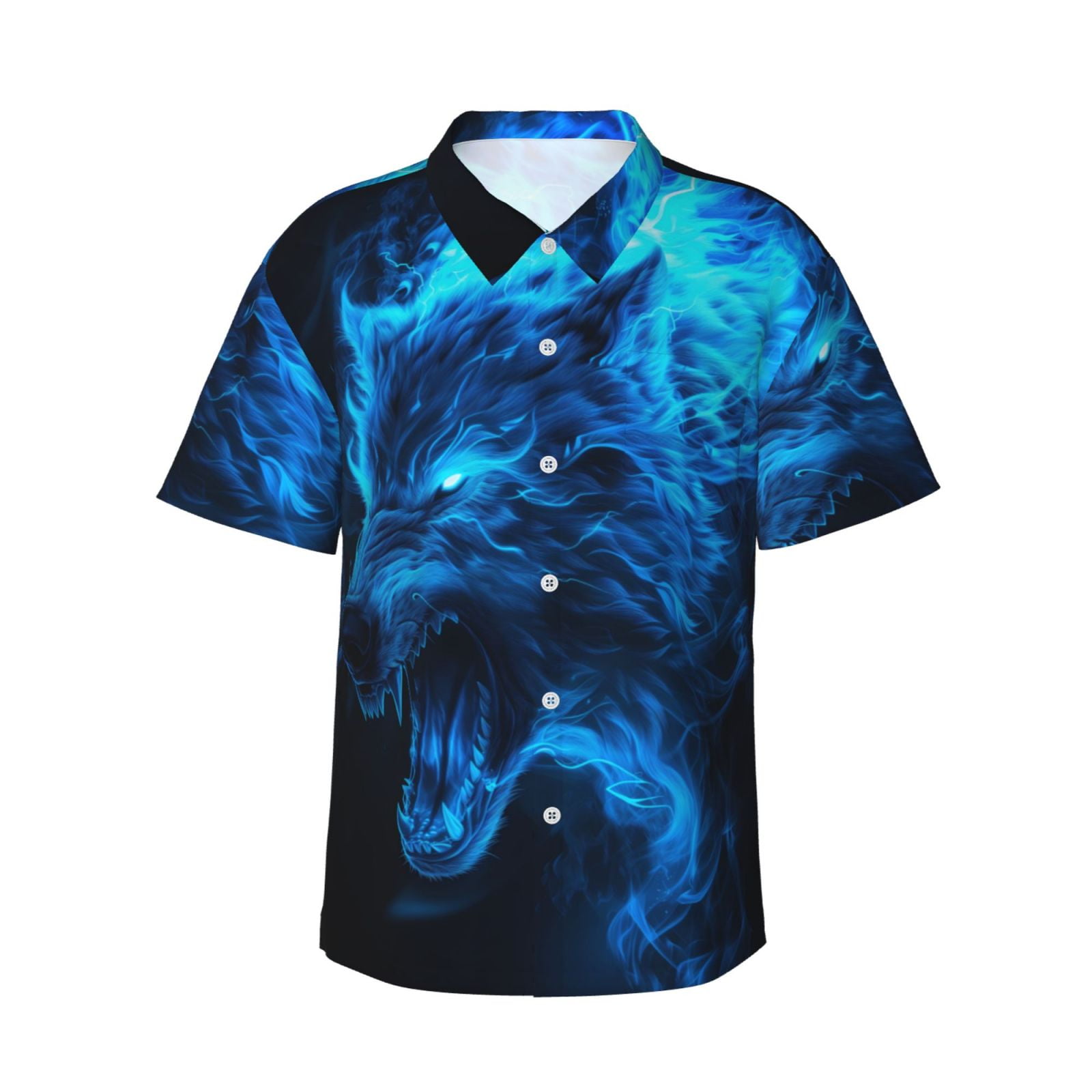 JUNZAN Ice Blue Fire Wolf Pattern Hawaiian Shirt for Men,Summer Beach ...