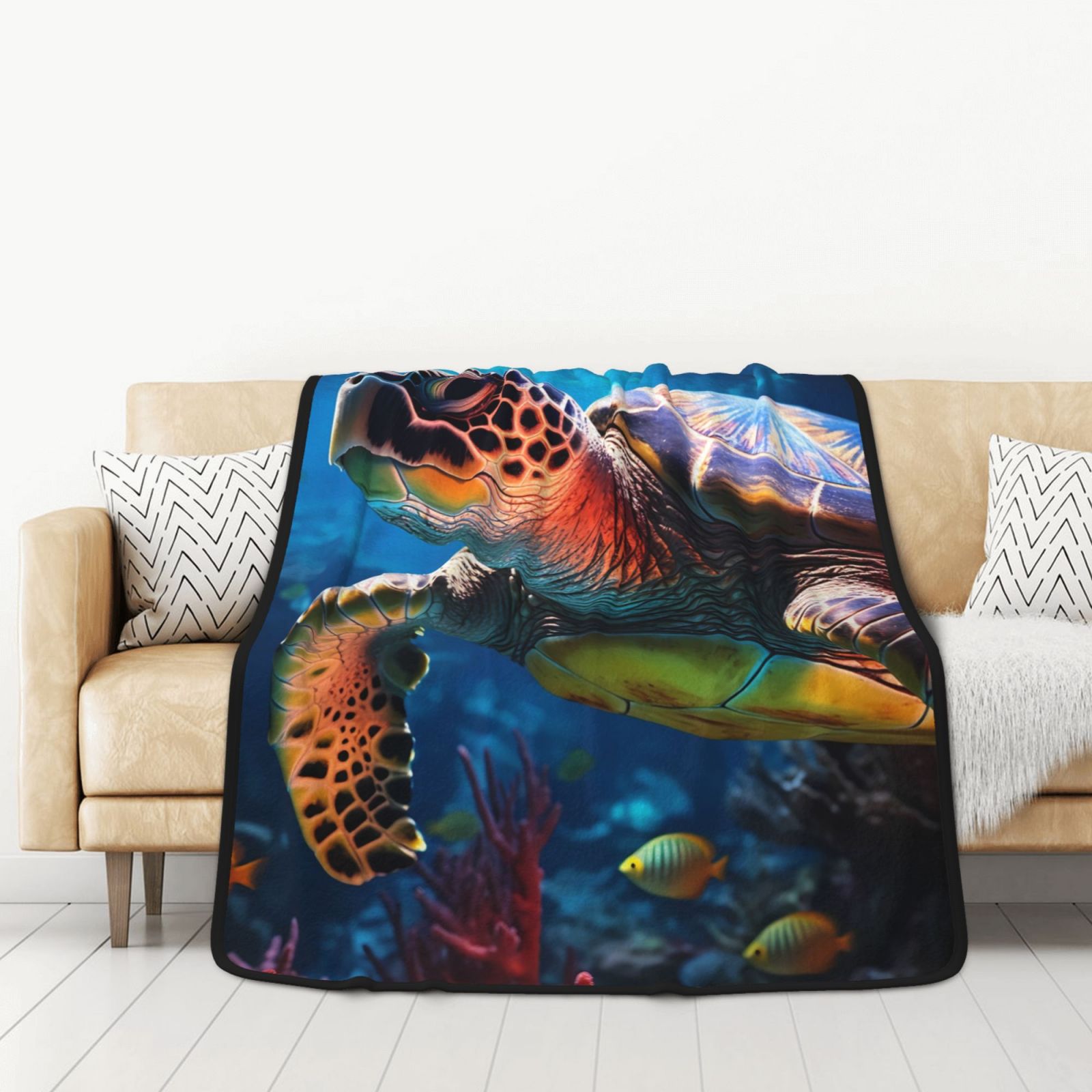JUNZAN Ice Blue Ocean Sea Turtle Print Blanket, Double-Sided Throw ...