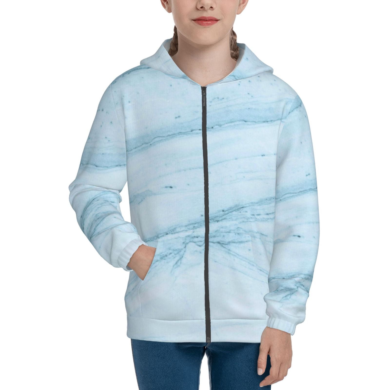 JUNZAN Light Blue Marble Print Kids Zip Up Hoodies Long Sleeve for Boys ...