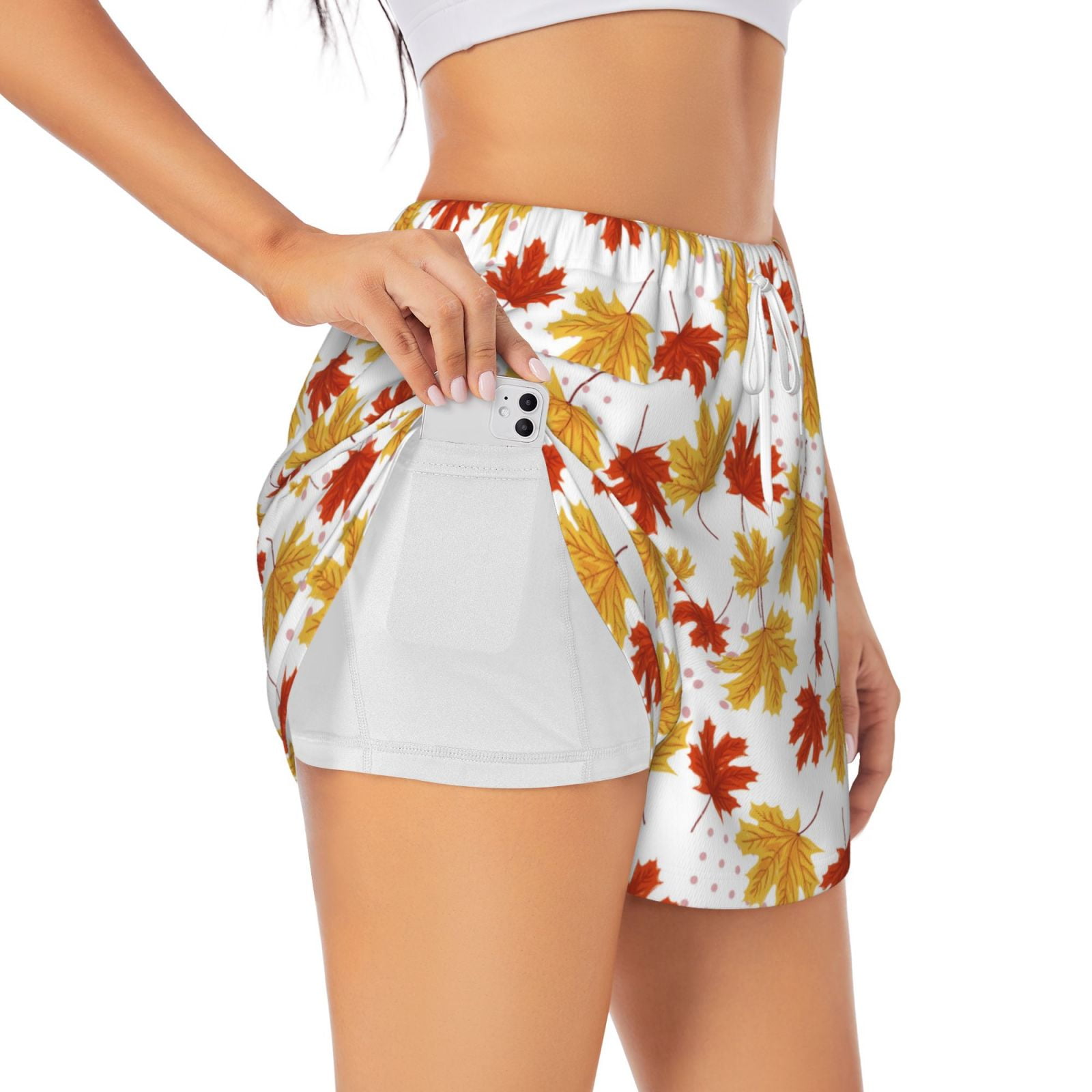 JUNZAN Maple Leaf Print Women's Athletic Gym Running Shorts with Phone ...