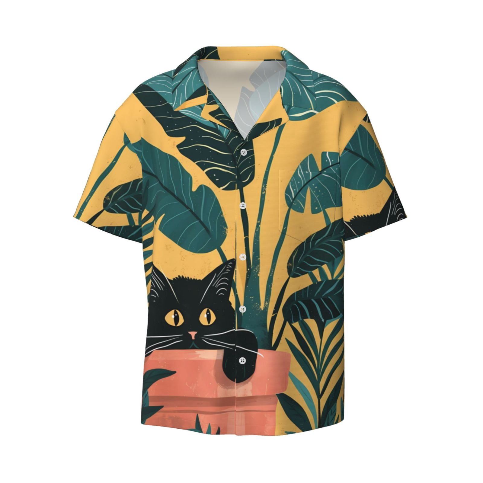 JUNZAN Mens Casual Button Down Shirts Short Sleeve Cat Hiding In Potted ...