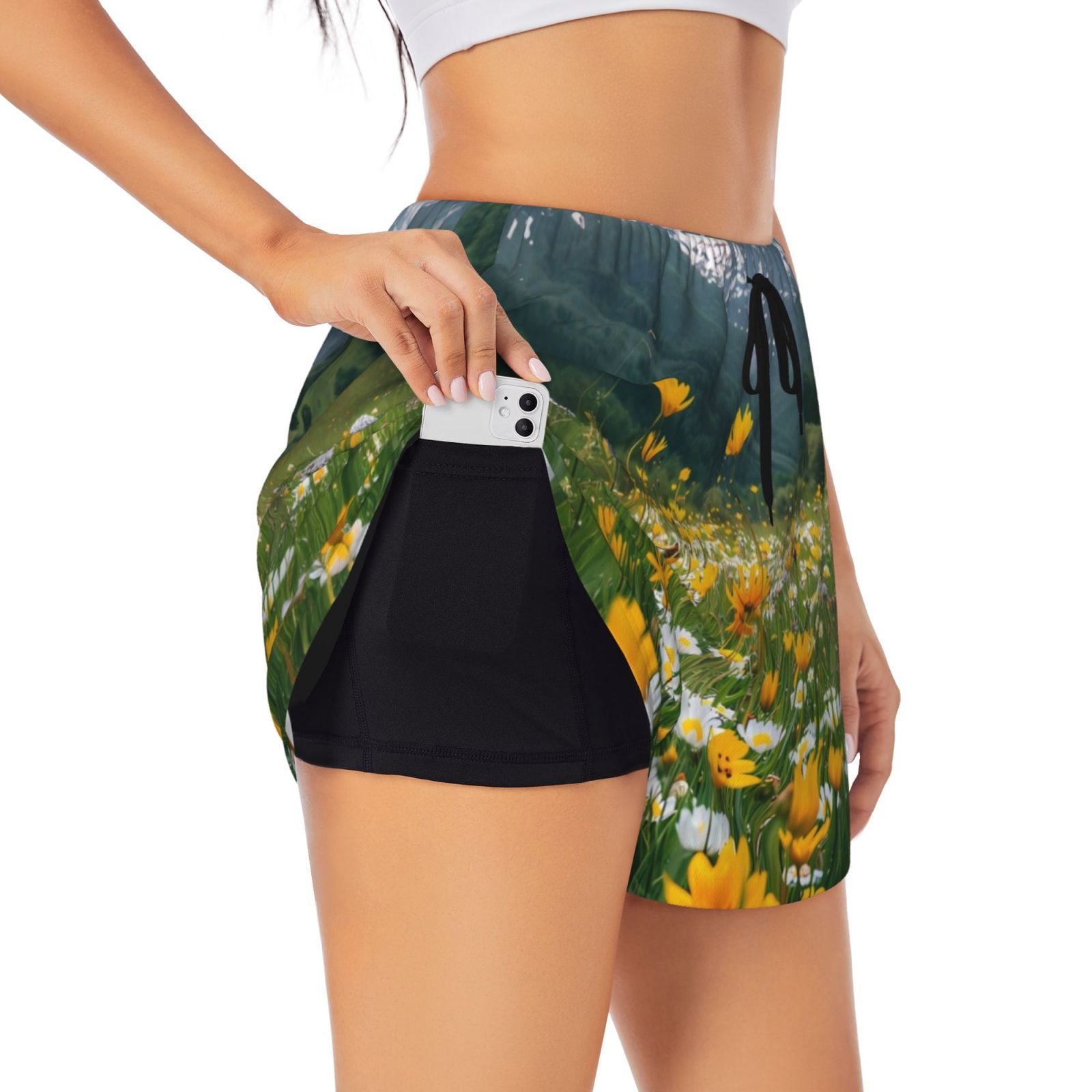 JUNZAN Mountain Daisy Meadow Print Women's Athletic Gym Running Shorts ...
