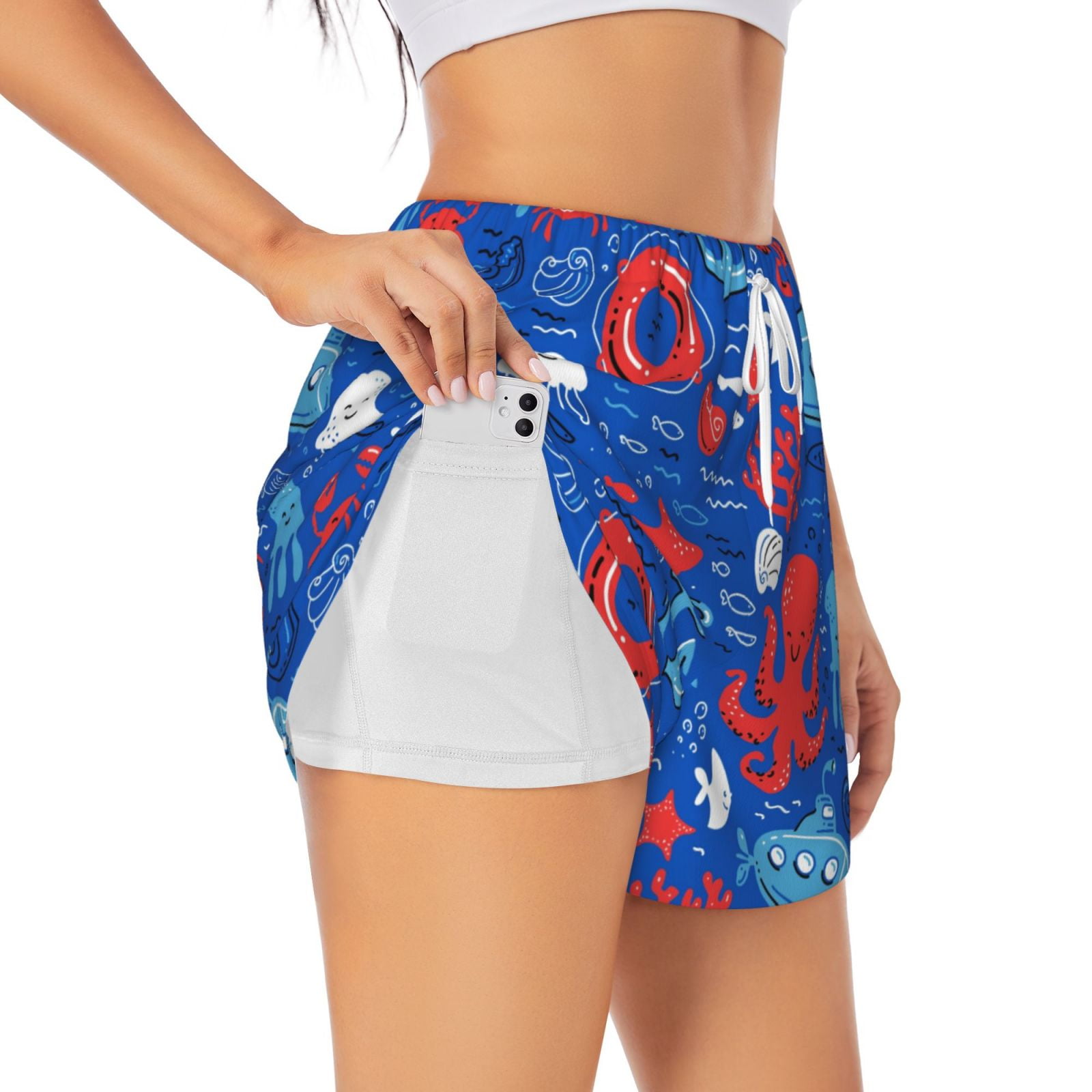 JUNZAN Nautical Animals Print Women's Athletic Gym Running Shorts with ...