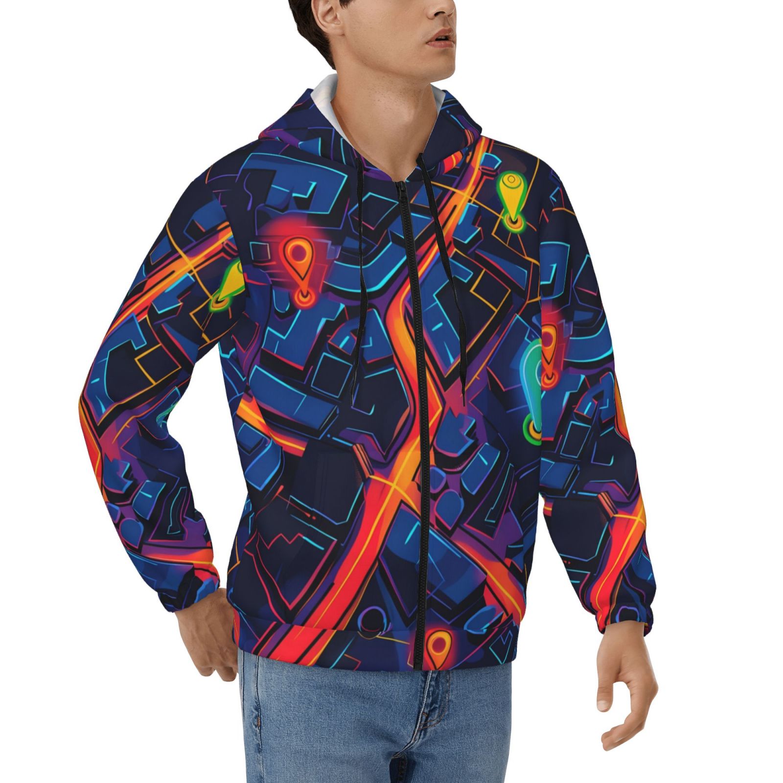 JUNZAN Neon City Map Print Men's Zip Up Hoodie Athletic Hoodies Long ...