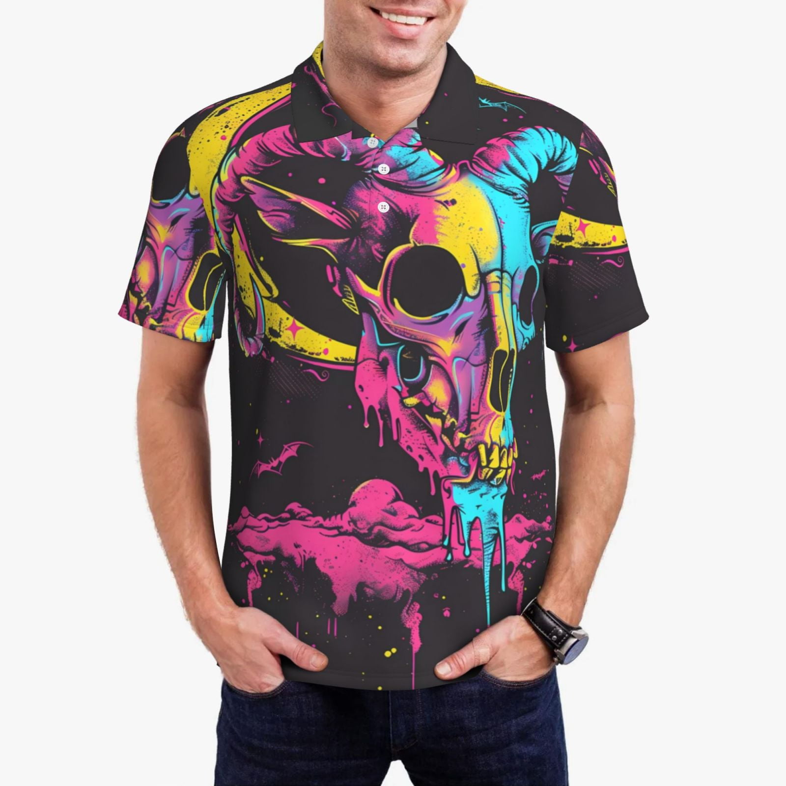 JUNZAN Neon Gothic Skull Moon Pattern Short Sleeve Golf Polo for Men ...