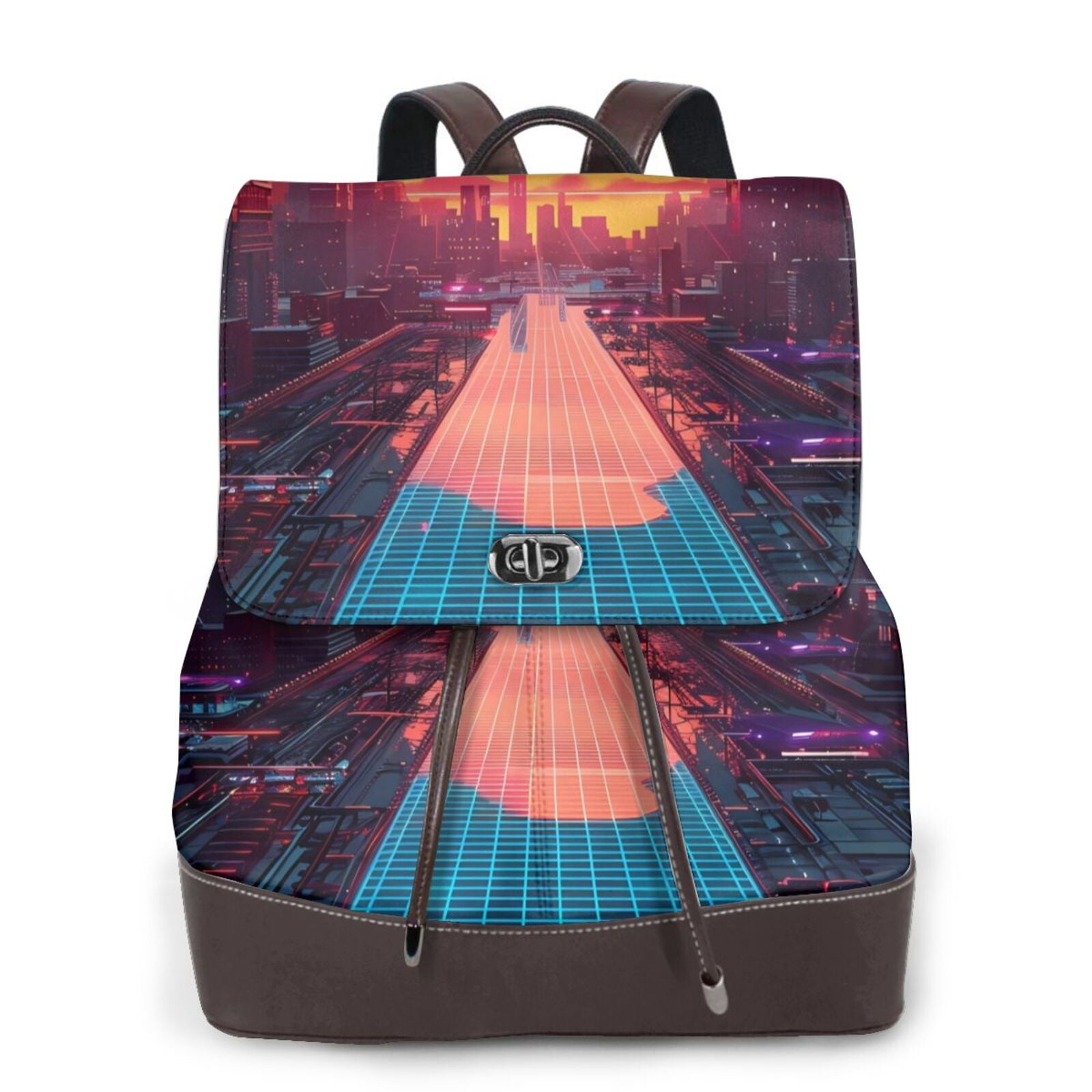 JUNZAN Neon Sunset Cyberpunk Cityscape for PU Leather Backpack,Laptop ...