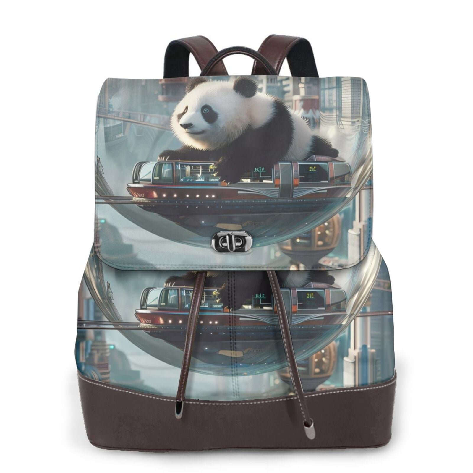JUNZAN Panda In Futuristic City for PU Leather Backpack,Laptop Backpack ...