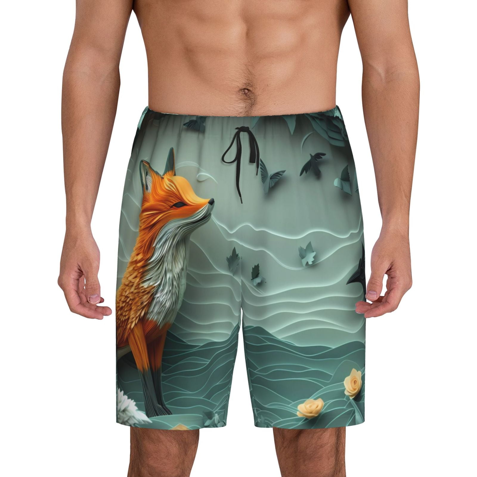 JUNZAN Paper Fox Crow Fantasy Pattern Sleep Pajama Shorts for Men,Men's ...