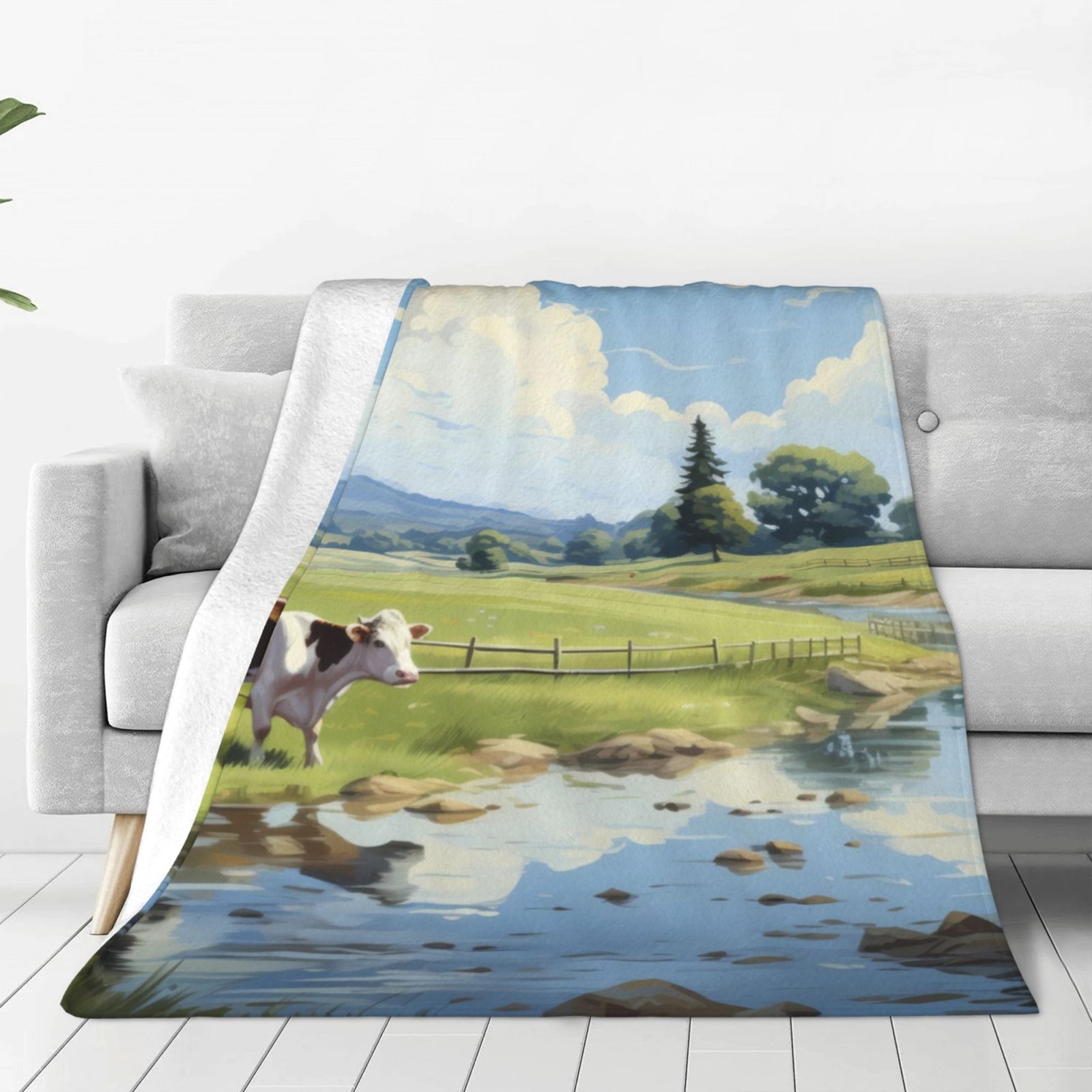 JUNZAN Pasture Cow Print Flannel Fleece Blanket Throw Blanket for Bed ...