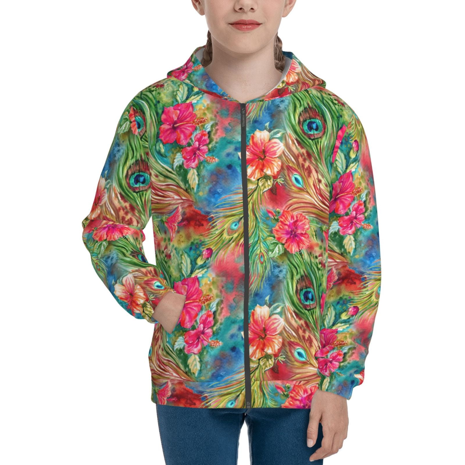 JUNZAN Peacock Feathers And Flowers Print Kids Zip Up Hoodies Long Sleeve for Boys or Girls ...
