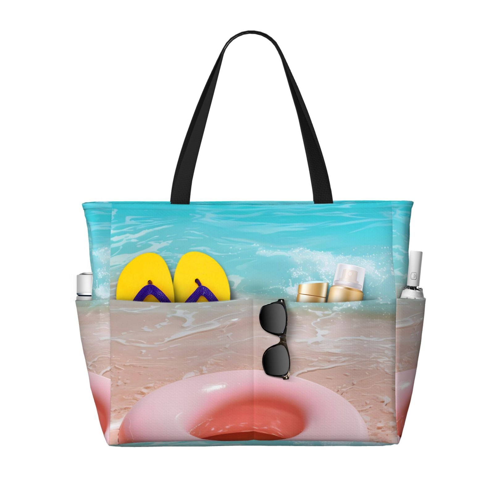 JUNZAN Pink Float Ring On Beach Pattern Women's Large Beach Bag ...