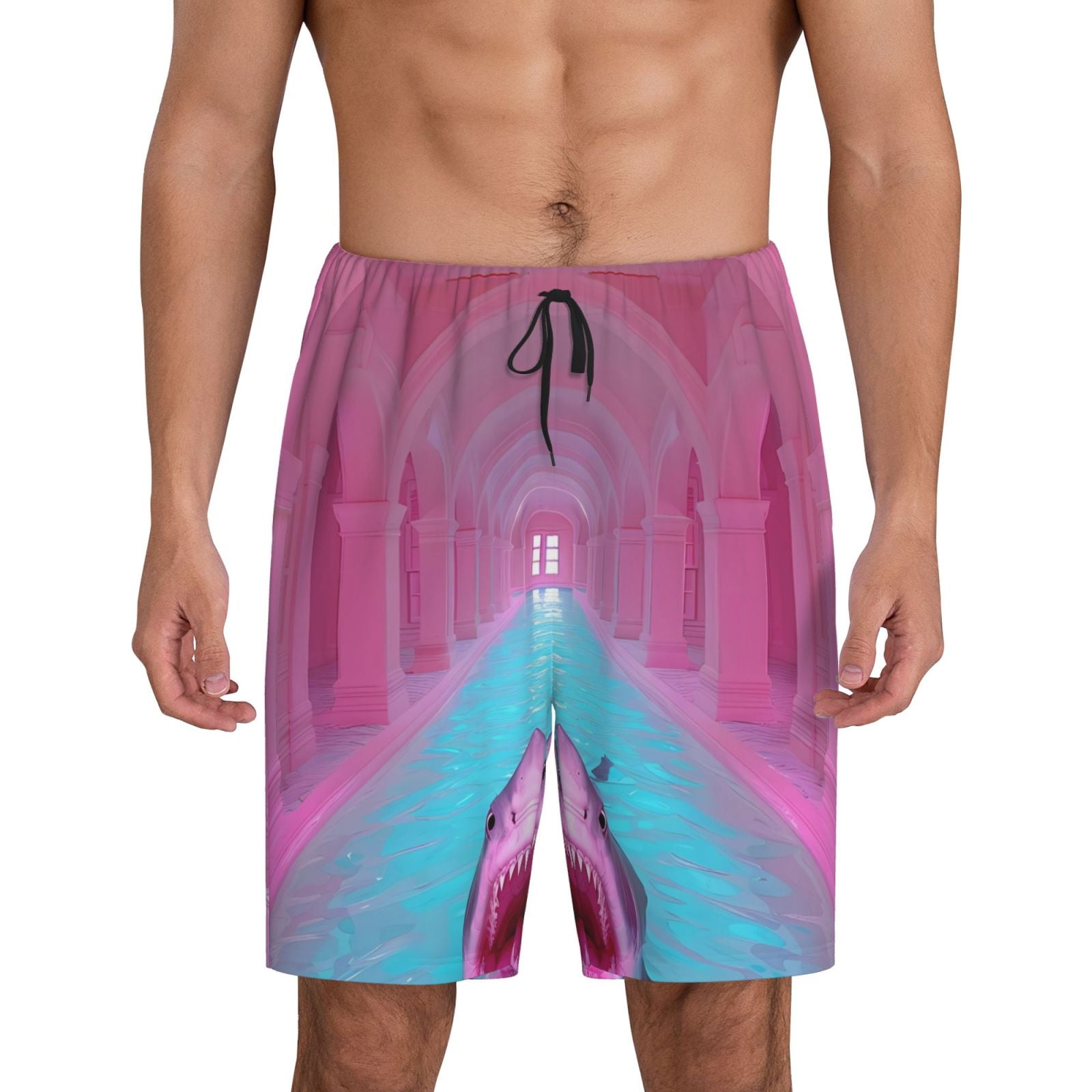 JUNZAN Pink Shark Pool Fantasy Pattern Sleep Pajama Shorts for Men,Men ...