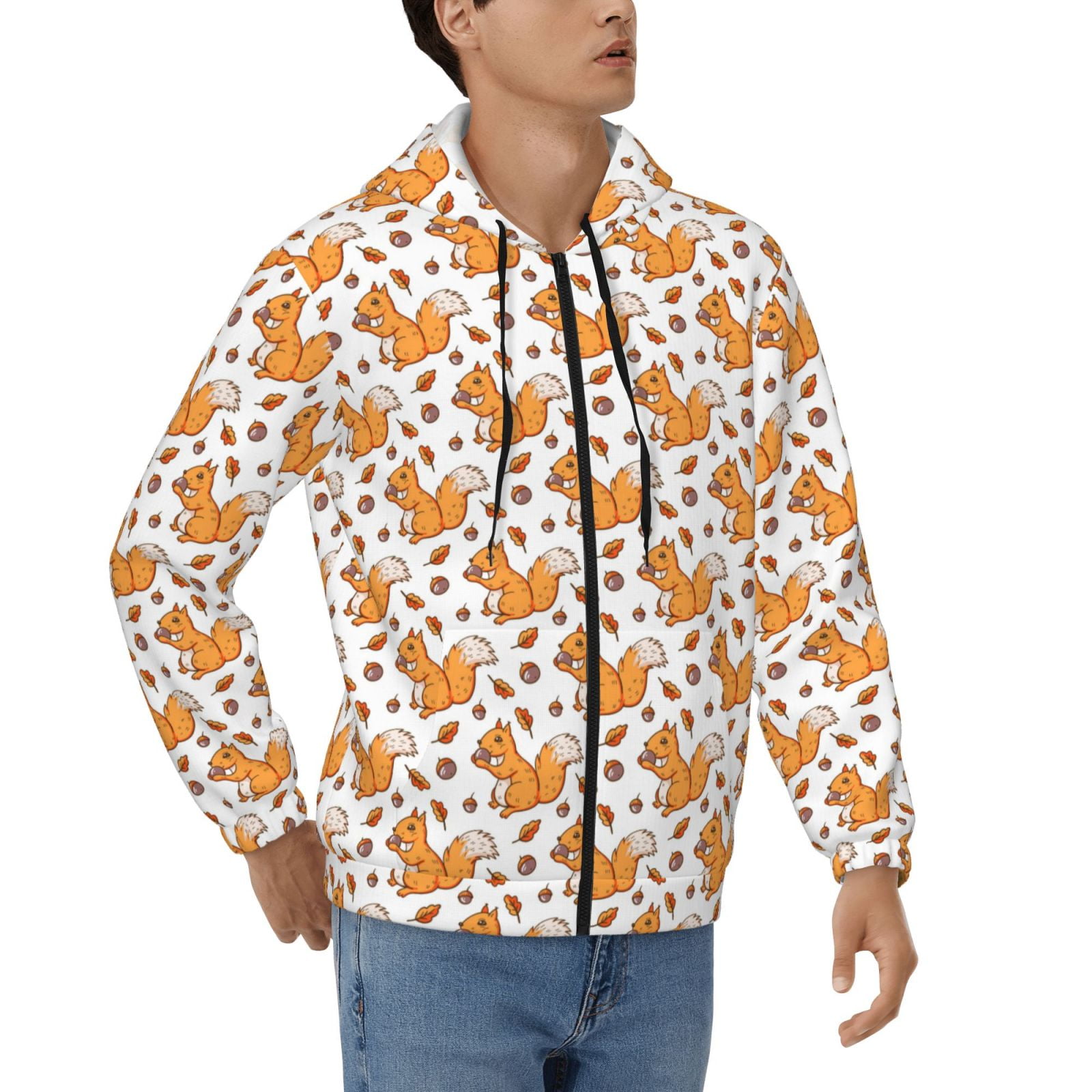 JUNZAN Playful Squirrel Autumn Print Men's Zip Up Hoodie Athletic ...