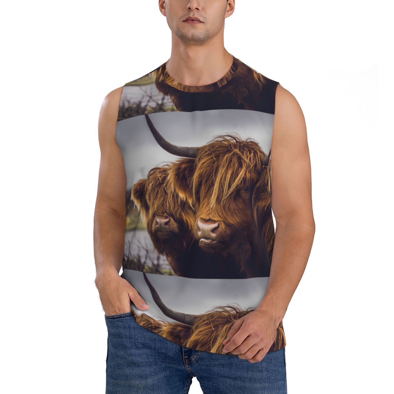 JUNZAN Portrait Of Highland Cow With Its Baby Cow Men's Sleeveless T ...