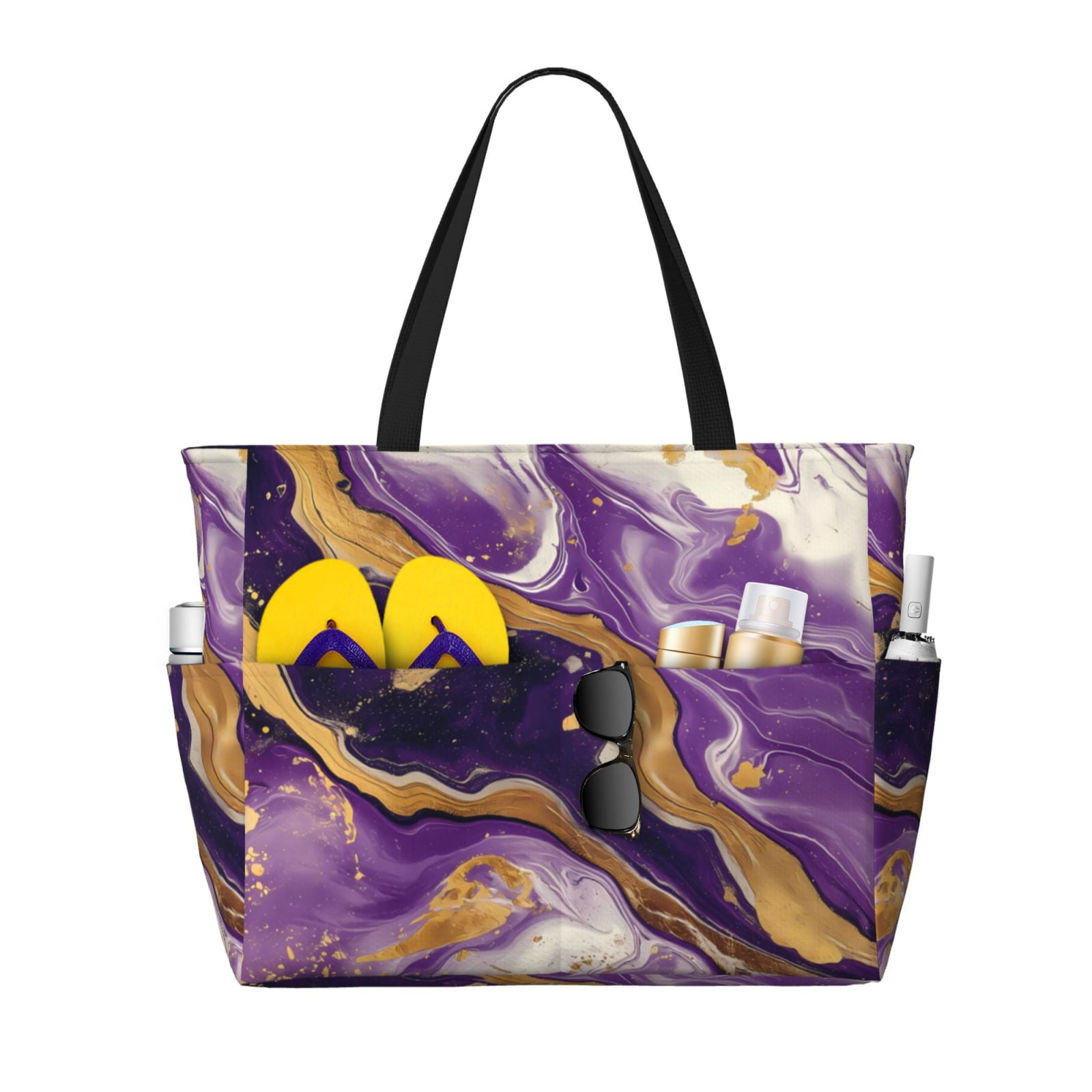 JUNZAN Purple Gold Marble Swirls Pattern Women's Large Beach Bag,Waterproof Sandproof Zipper ...