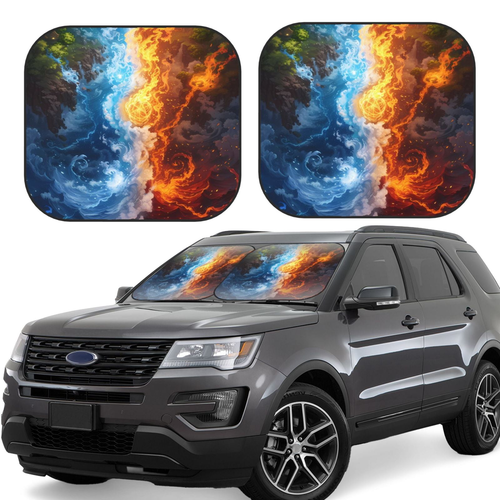 JUNZAN Red And Blue Flame Waves Pattern Car Windshield Sun Shade ...