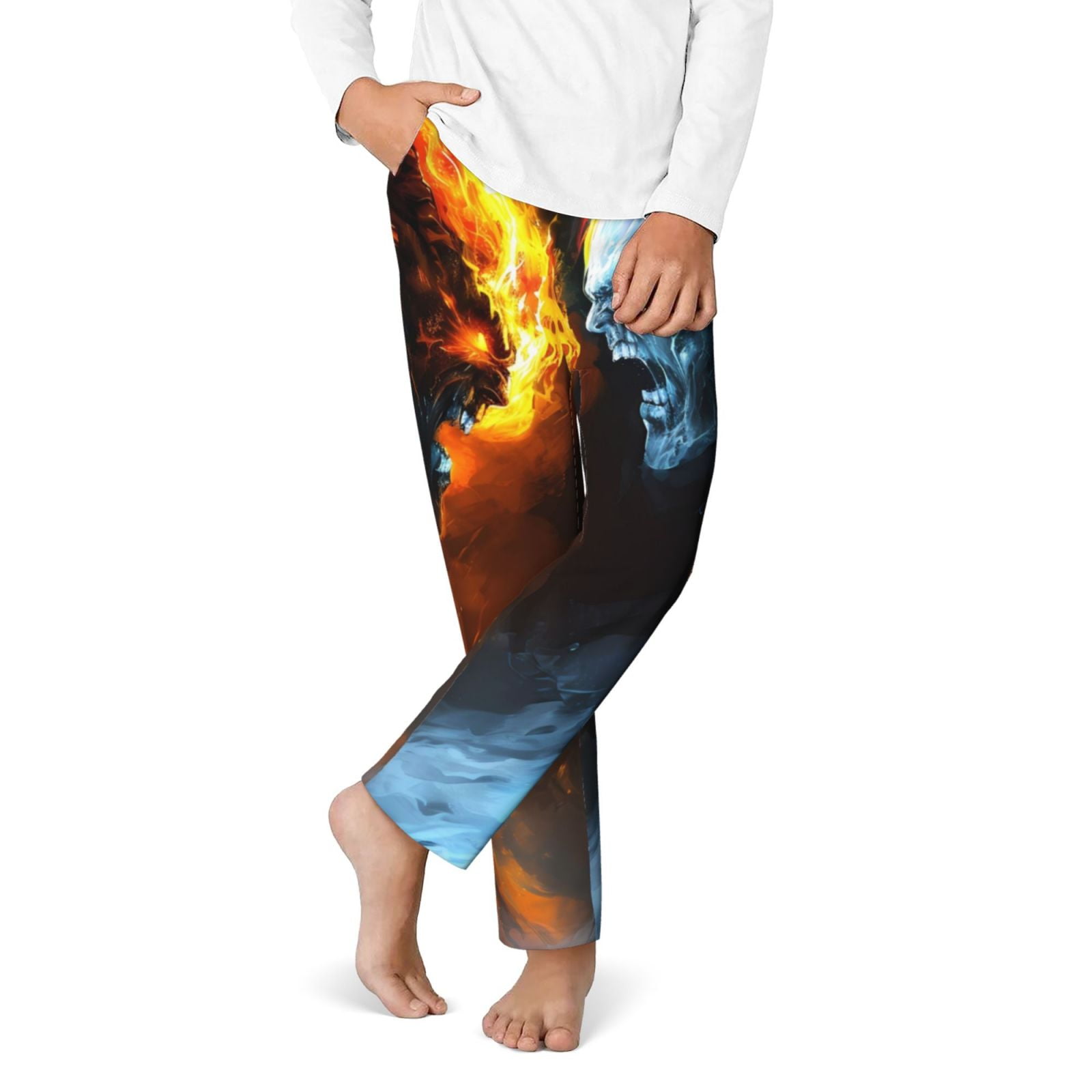 JUNZAN Red And Blue Fire Skull Warrior Pattern Pajama Pants for Boys ...