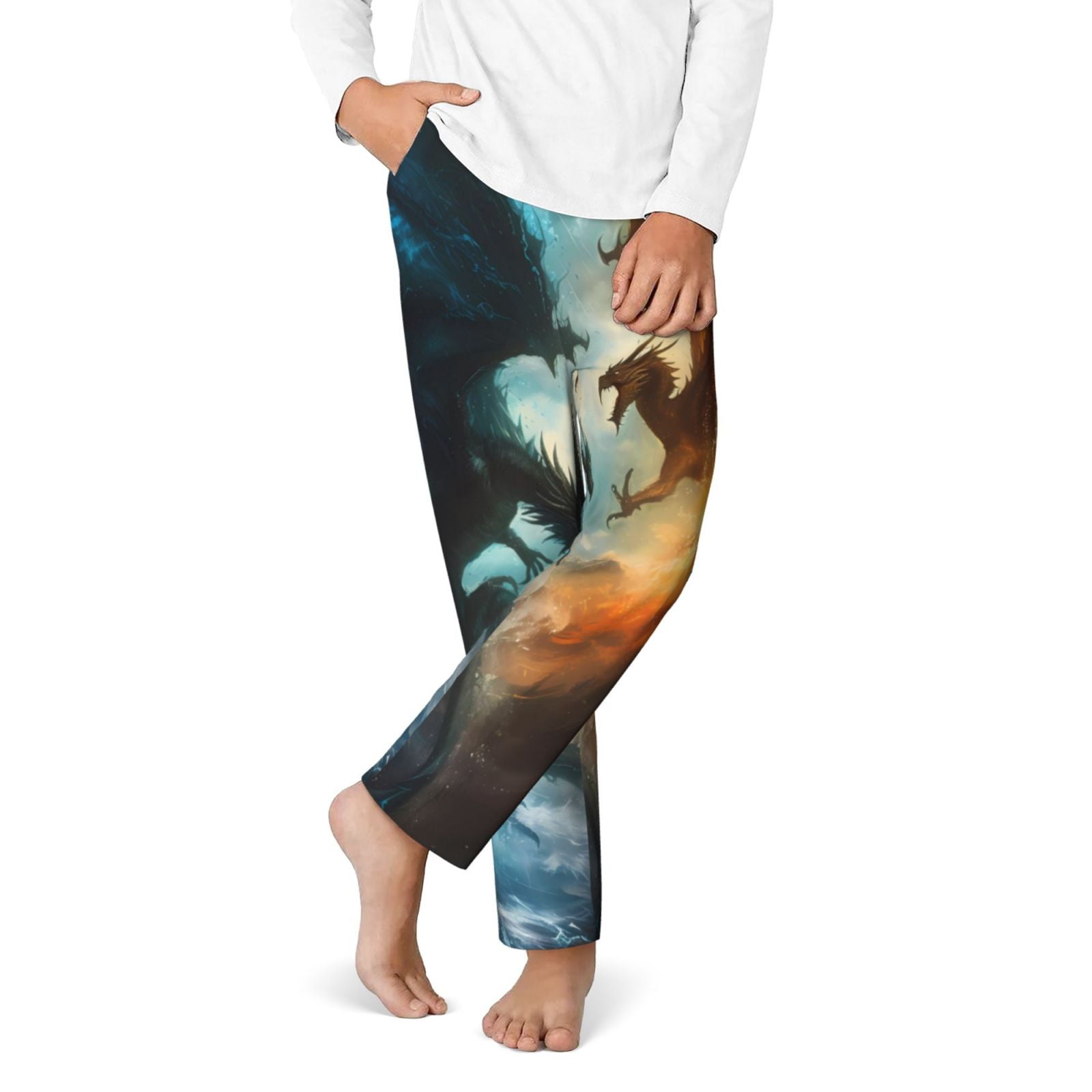 JUNZAN Red And Blue Flame Wave Dragon Pattern Pajama Pants for Boys ...