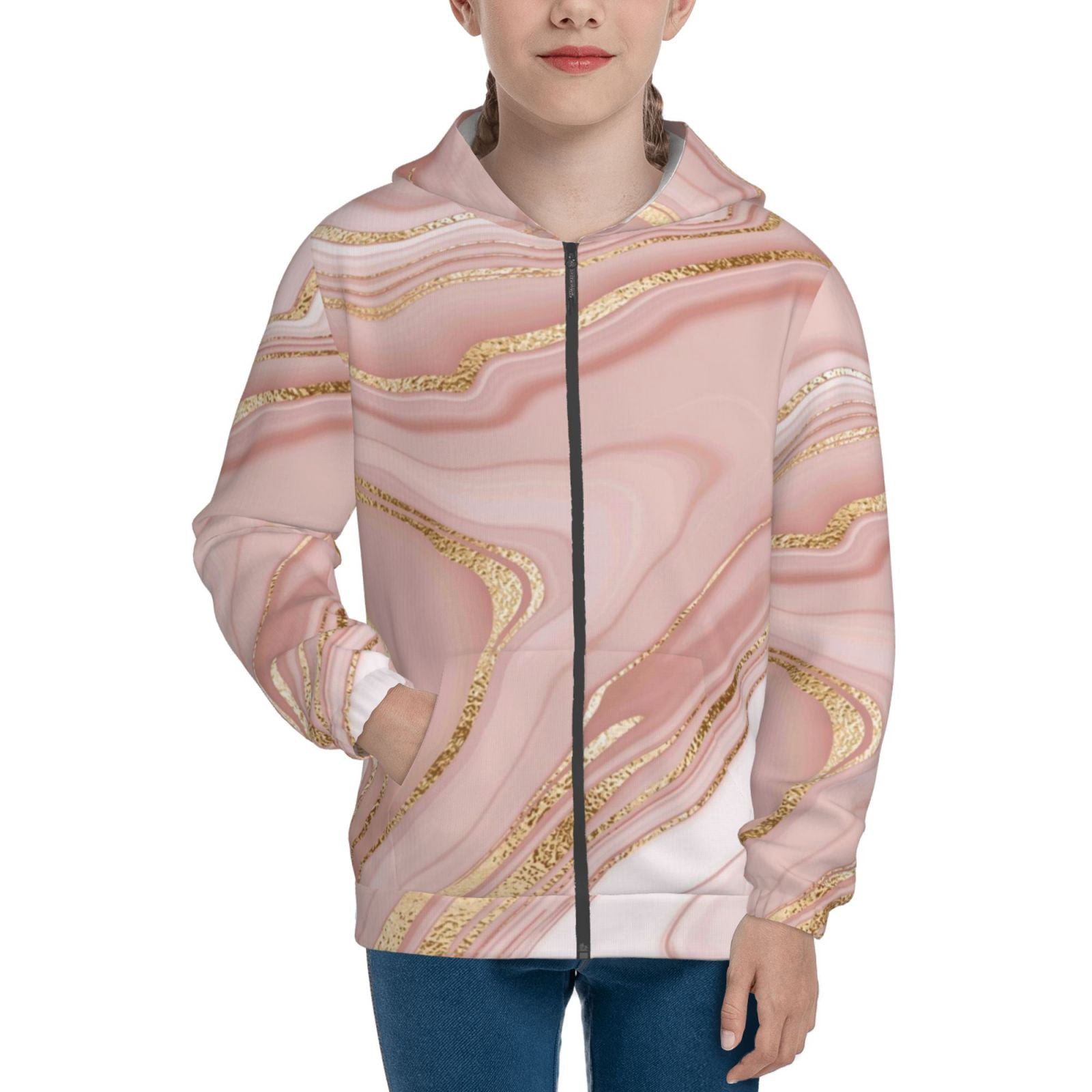 JUNZAN Rose Gold Glitter Splatter Print Kids Zip Up Hoodies Long Sleeve ...