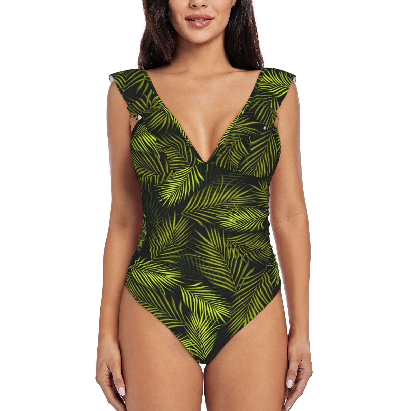 JUNZAN Ruffle One Piece Swimsuits for Women V Neck Tropical Palm Leaves Fern Leaf Print Bathing ...